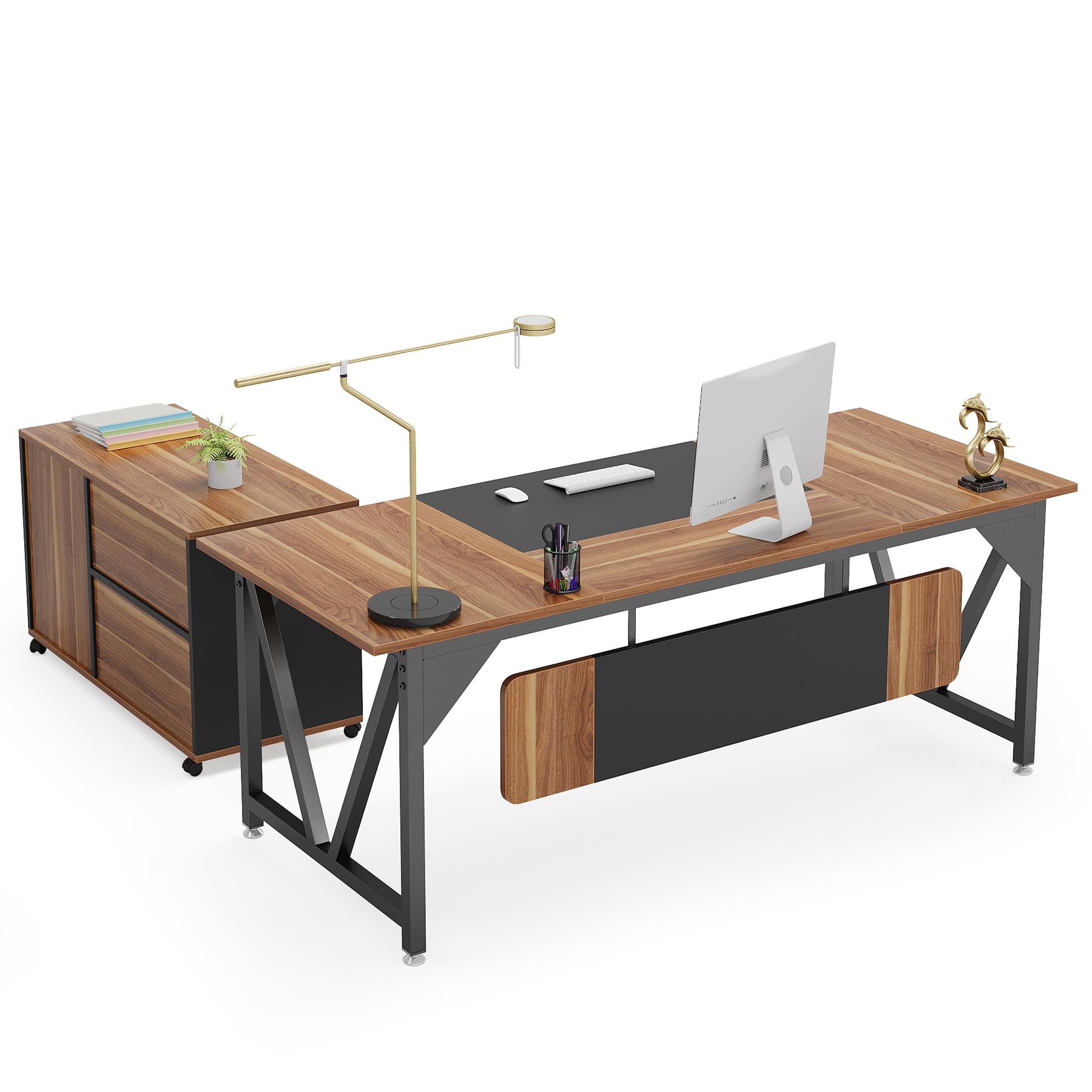 LITTLE TREE 70.8" Executive Desk with 35.4" File Cabinet, L-Shaped ...