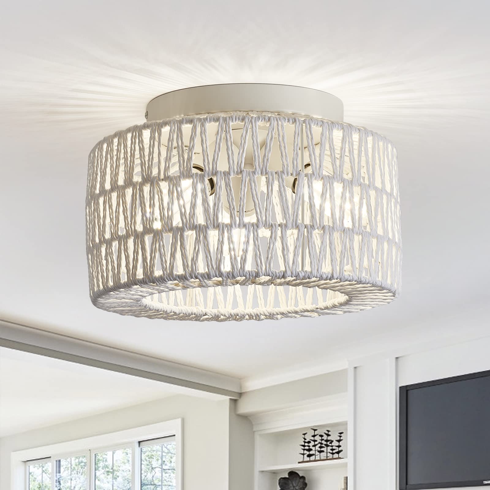 Rattan Light Fixtures Ceiling Mount, 3-Lights Boho Flush Mount Ceiling ...