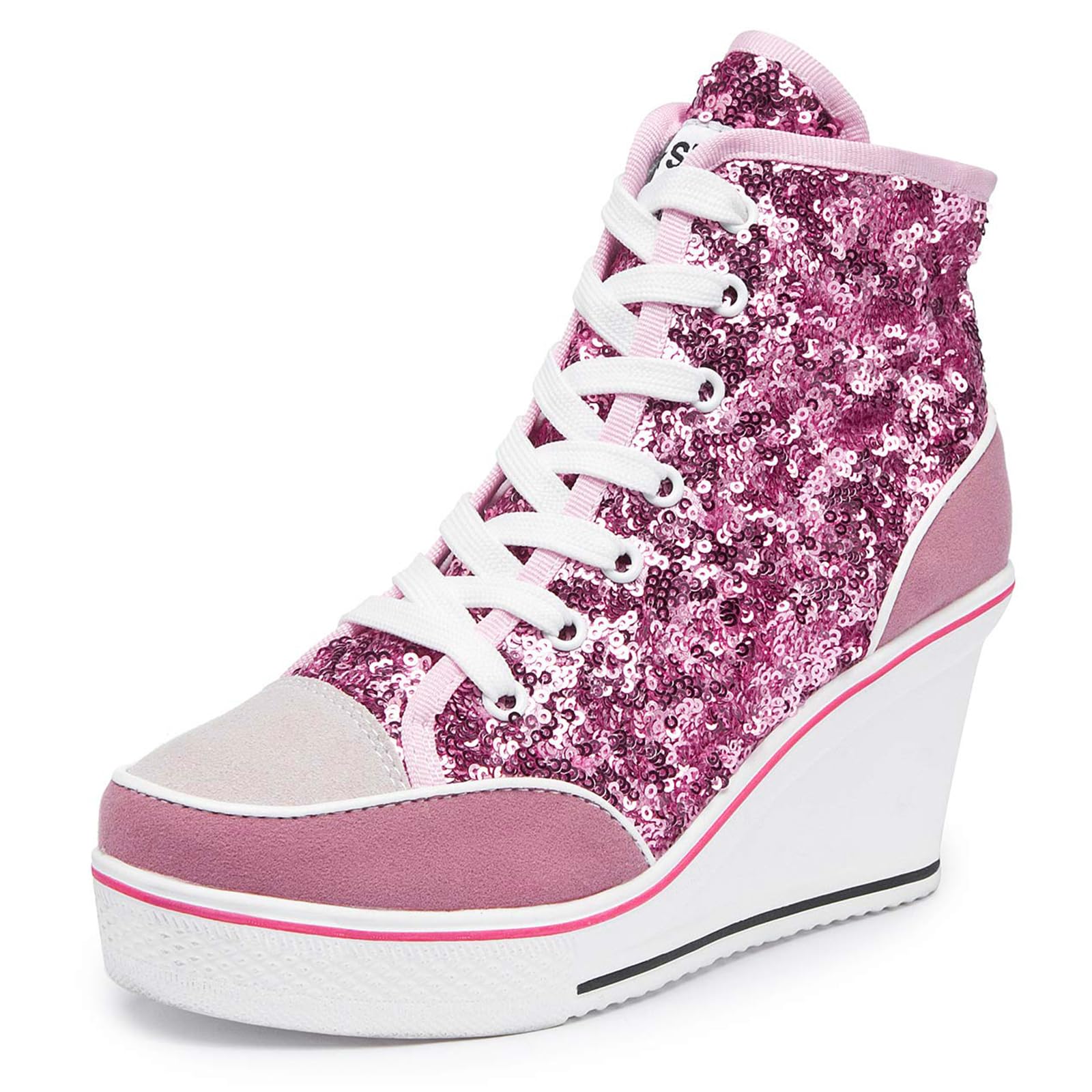 Jiu du Women's Sequins Sneakers Wedge Suede Platform Heels Pump Lace Up ...