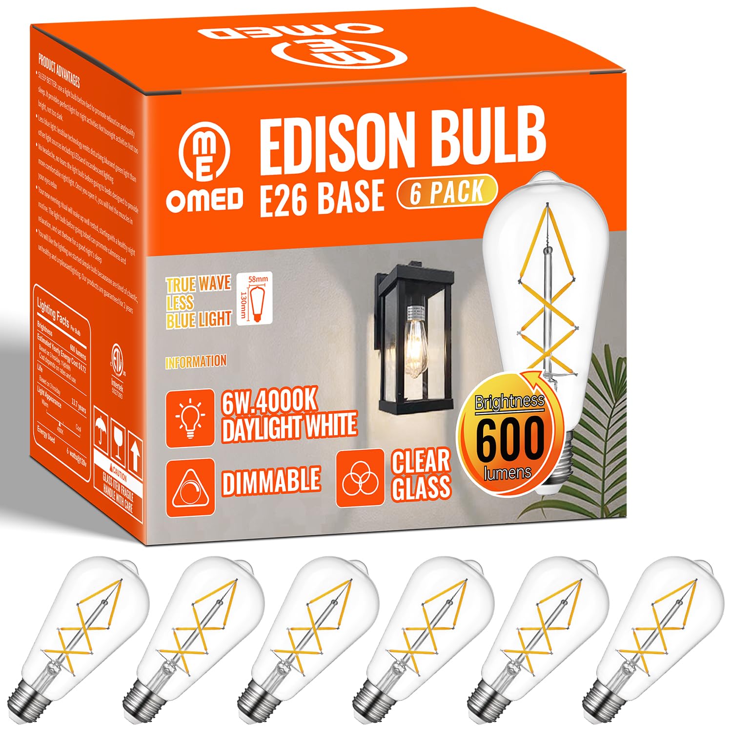 LED Edison Vintage Light Bulb 60 Watt Equivalent E26 Base 4000K Daylight White Dimmable ST64 ...