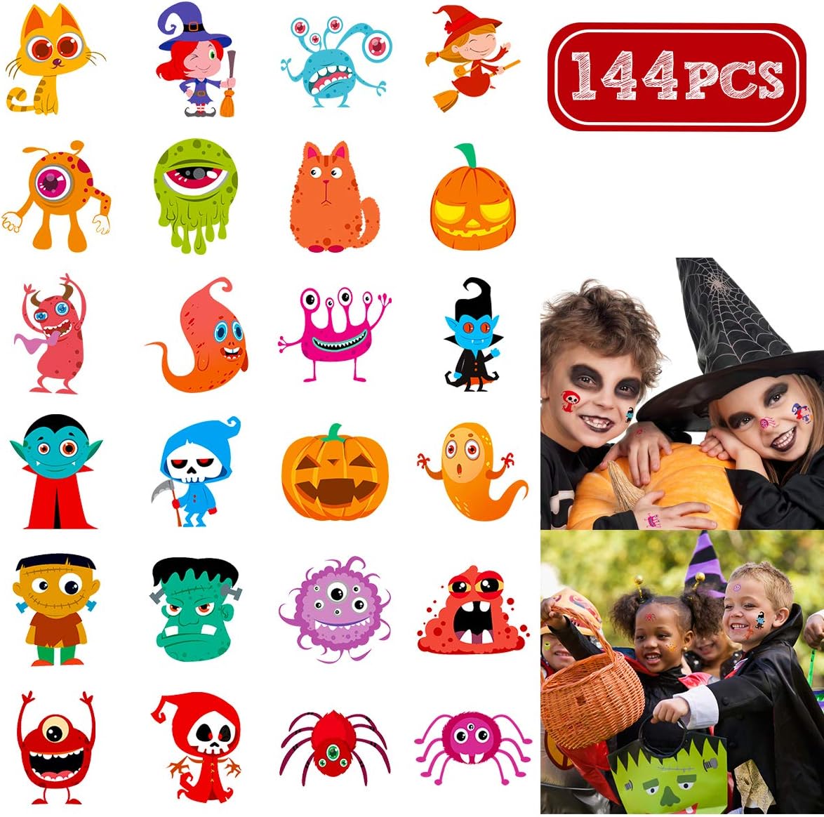 144 Assorted Halloween Temporary Tattoo for Kids, 24 Cute Designs Stick ...