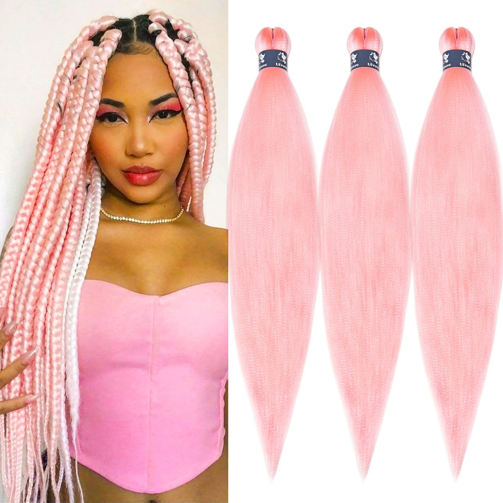 UPruyo Peach Light Pink Braiding Hair Pre Stretched Prestressed ...