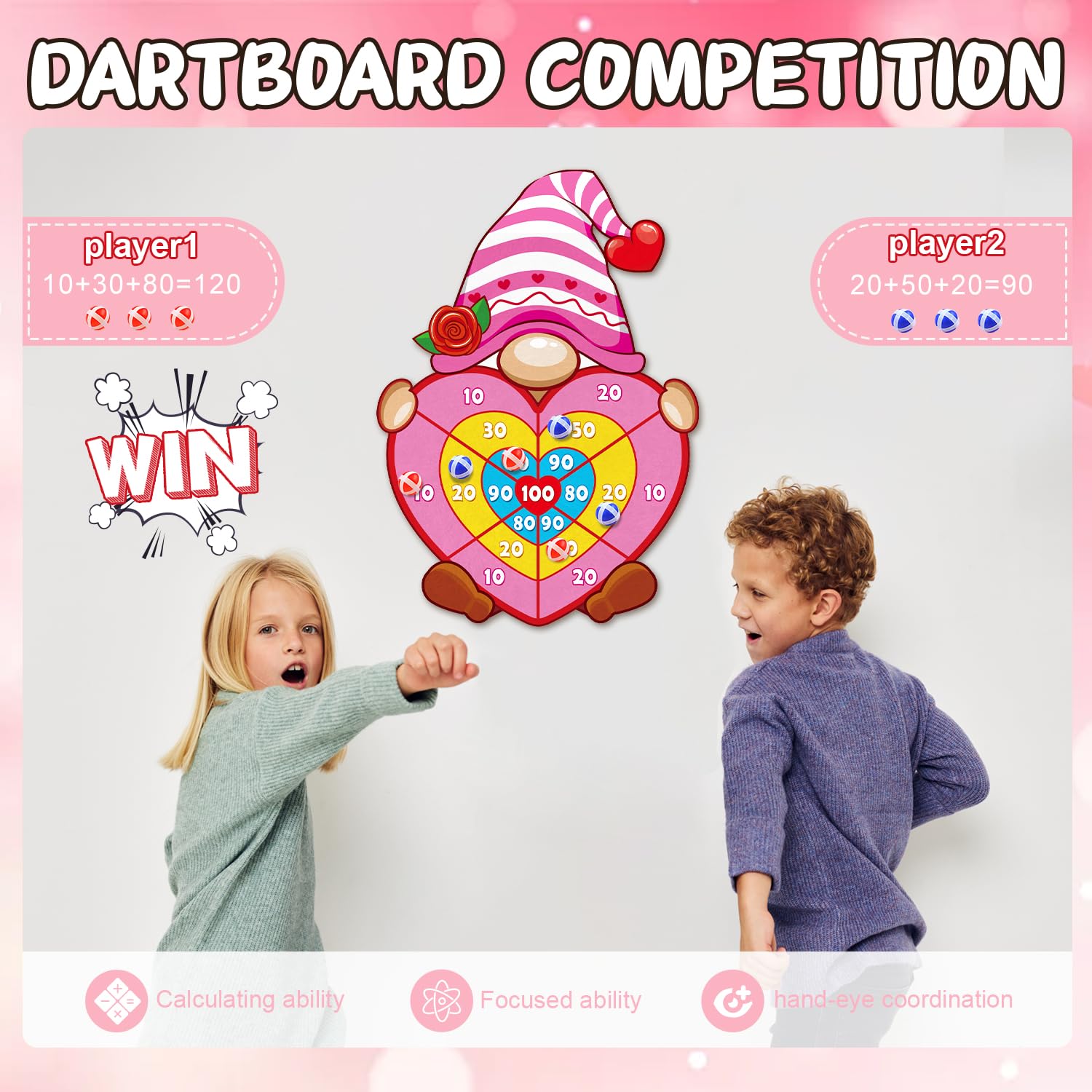 Valentine Gift For Kids, Pink Cartoon Dwarf Dart Board With 12 Sticky ...