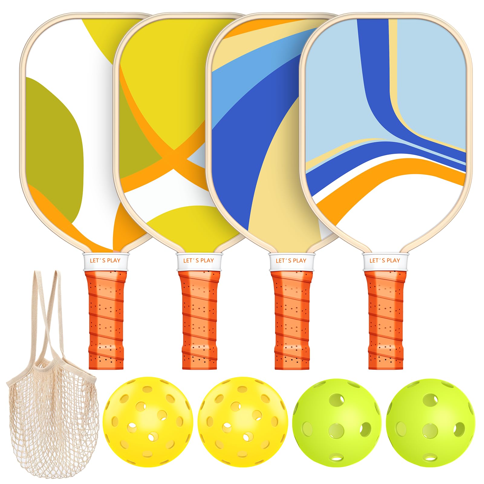 Pickleball Paddles Set of 4, Premium Wood with 4 Indoor & Outdoor ...