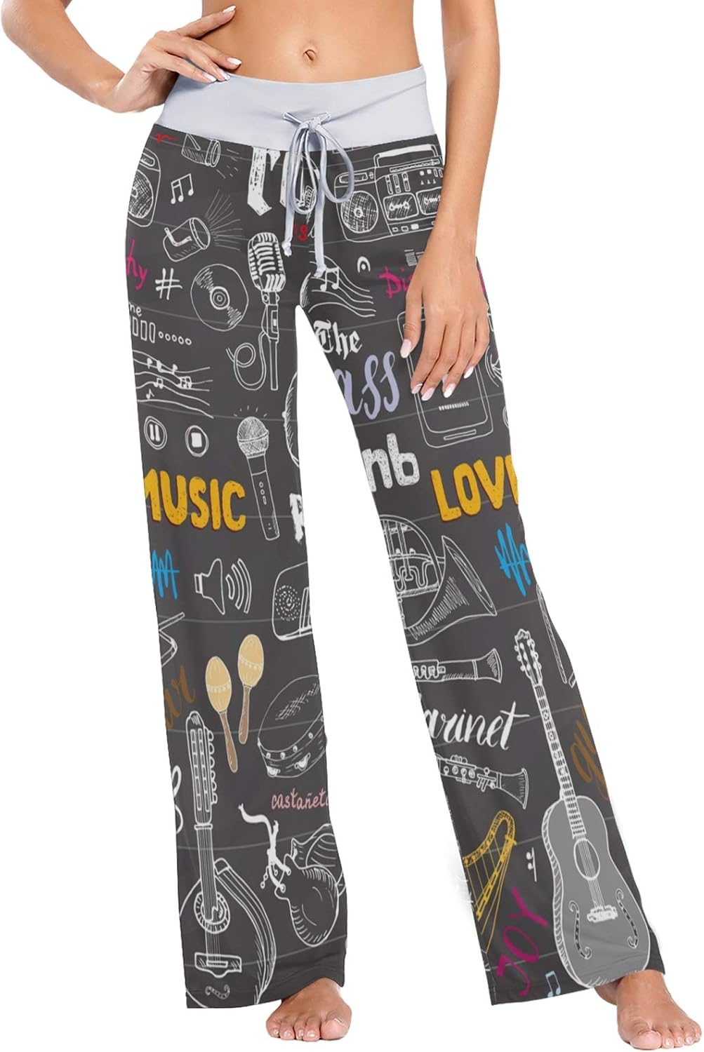 OTVEE Rock Music Instruments Guitar Black Pajama Pants for Women Casual ...