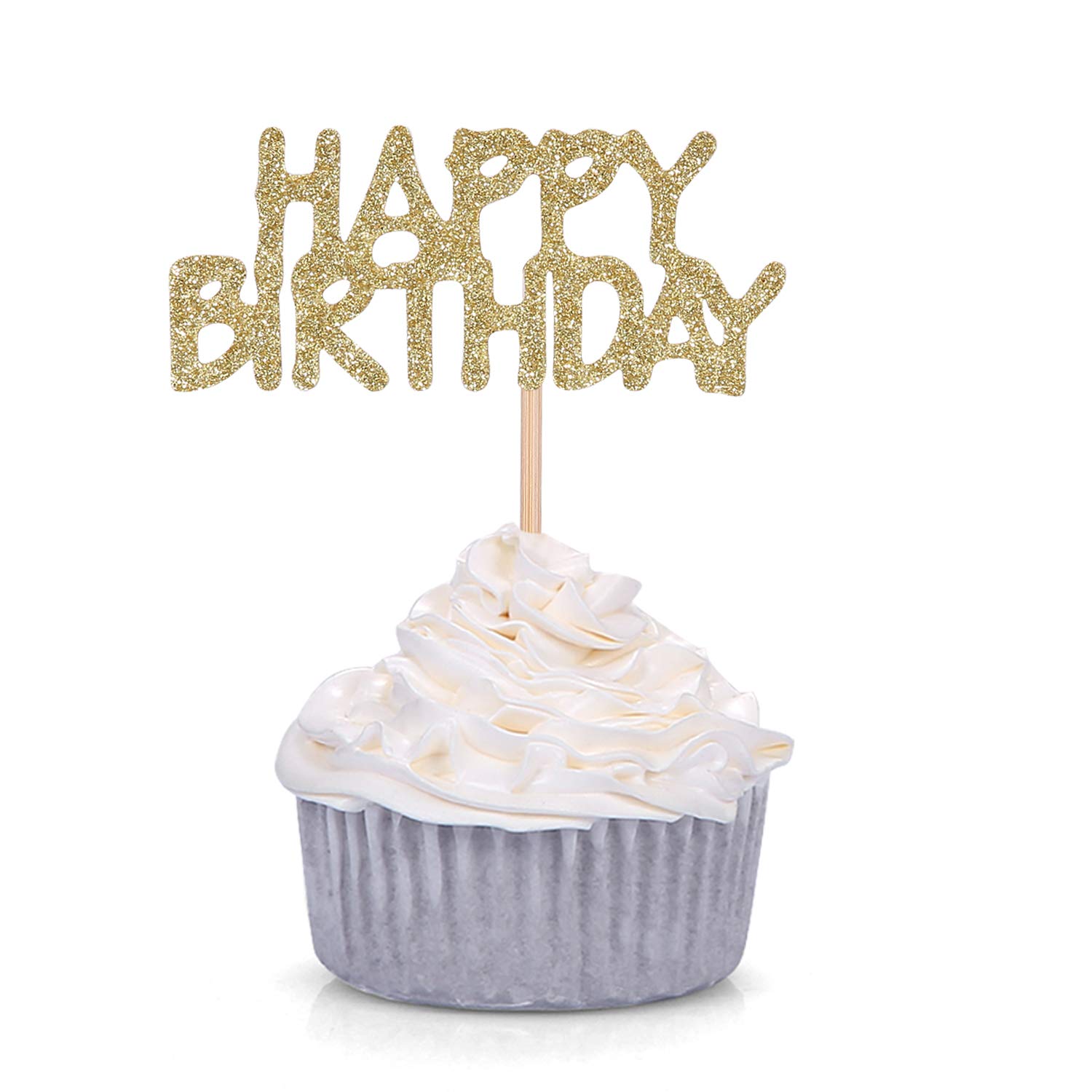 Giuffi 24 CT Gold Glitter Happy Birthday Cupcake Toppers Kids Birthday ...