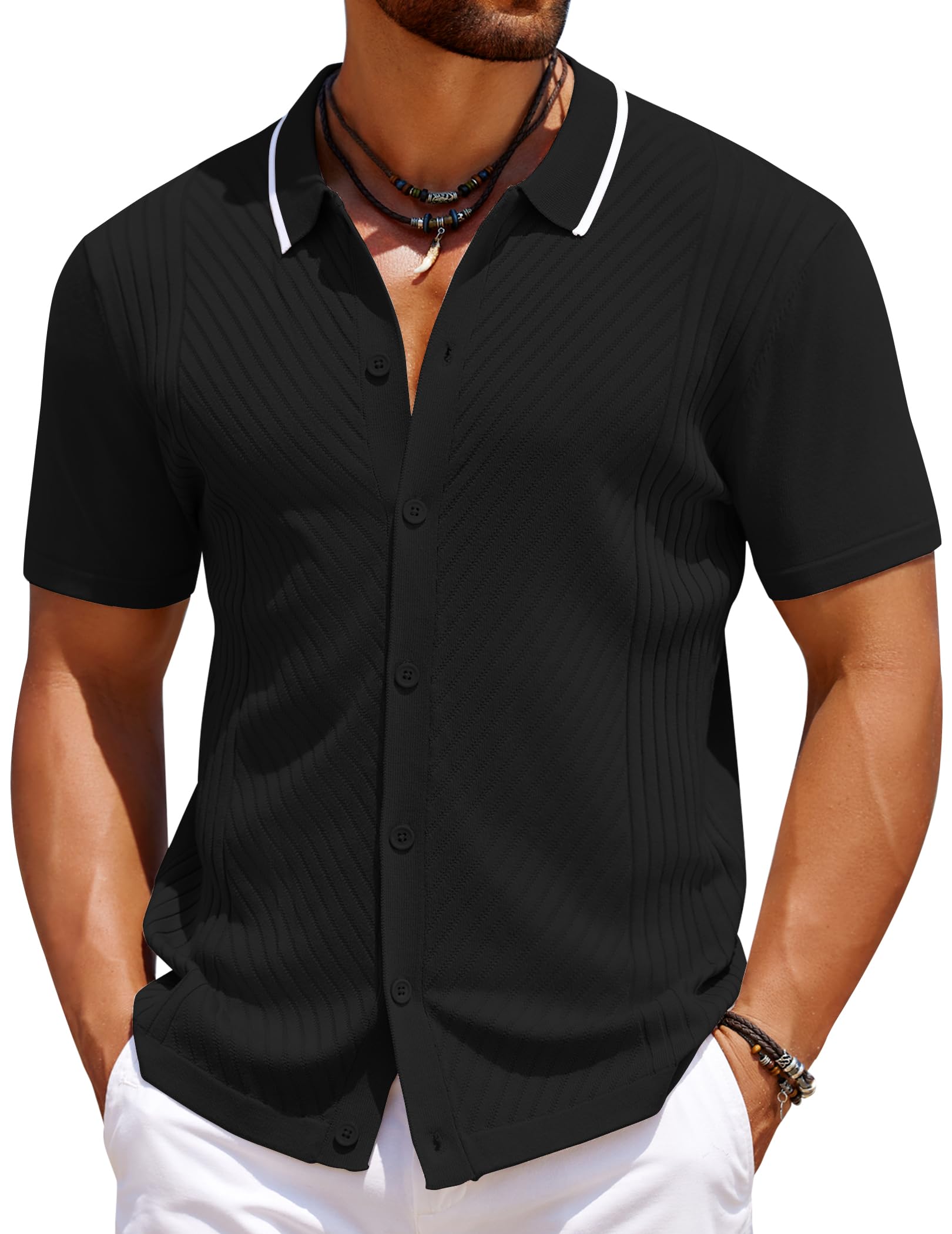 COOFANDY Men's Knit Short Sleeve Button Up Polo Shirt Casual Summer Beach Vintage Cuban ...