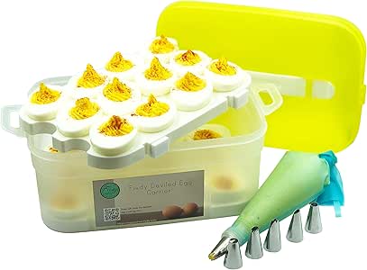 Amazon.com | Deviled Egg Carrier With Lid + Decorating Kit, Designed to ...