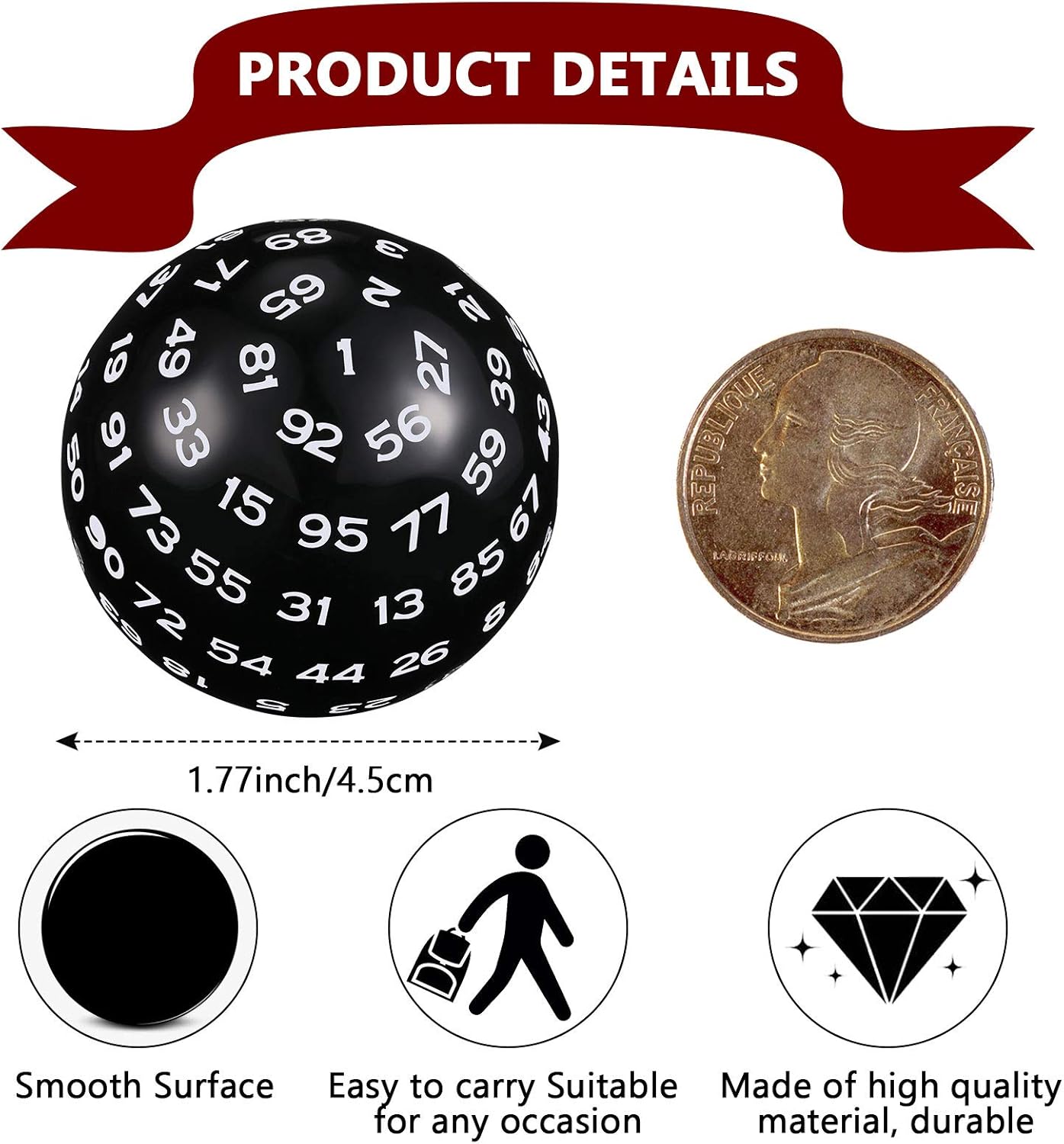 Single 100 Sided Polyhedral Dice D100 Game Dice Black Color with White ...