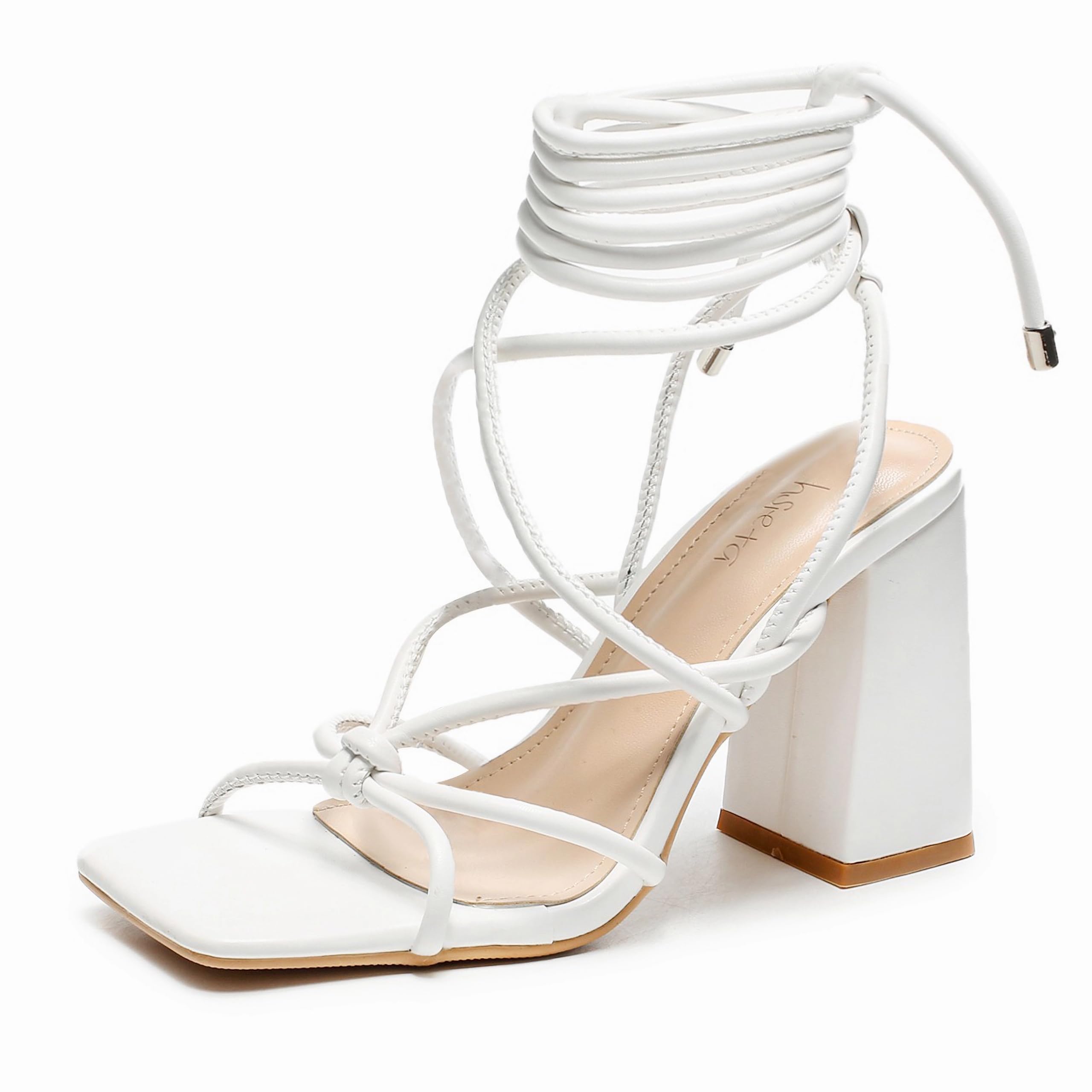 ETHSIETA Womens Strappy Heels Lace Up Chunky Heel Sandals, Cute Block ...