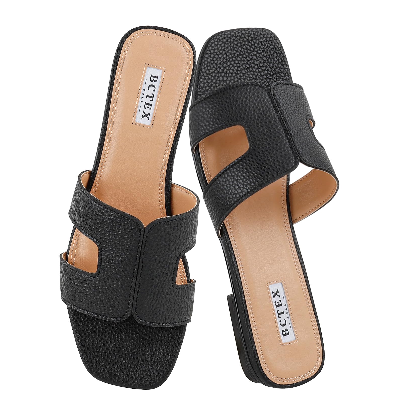 BCTEX COLL Women's Black Flat Sandals Comfortable Summer Open Toe Slip ...