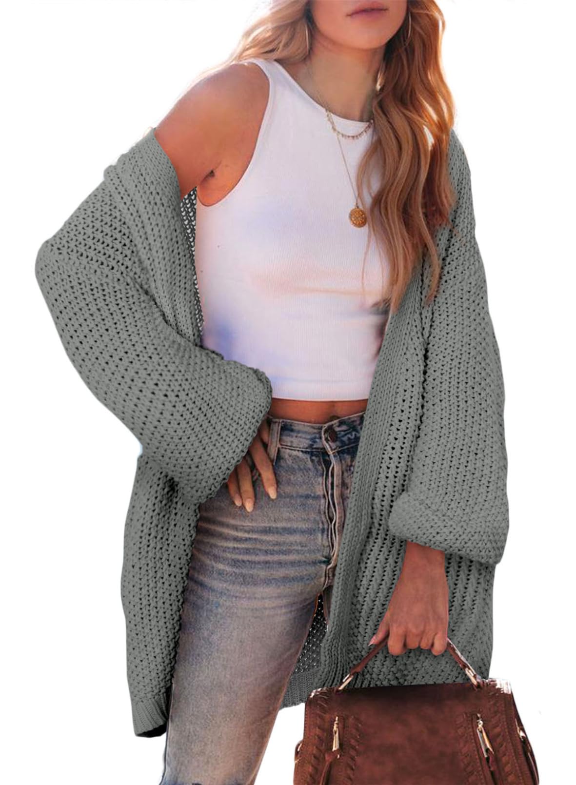 Dokotoo Chunky Cardigans for Women Open Front Lantern Sleeve ...