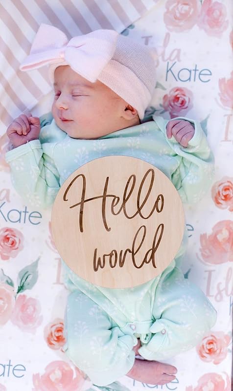 Amazon.com: Baby Announcement Wooden Sign - Hello World - Wooden Round ...