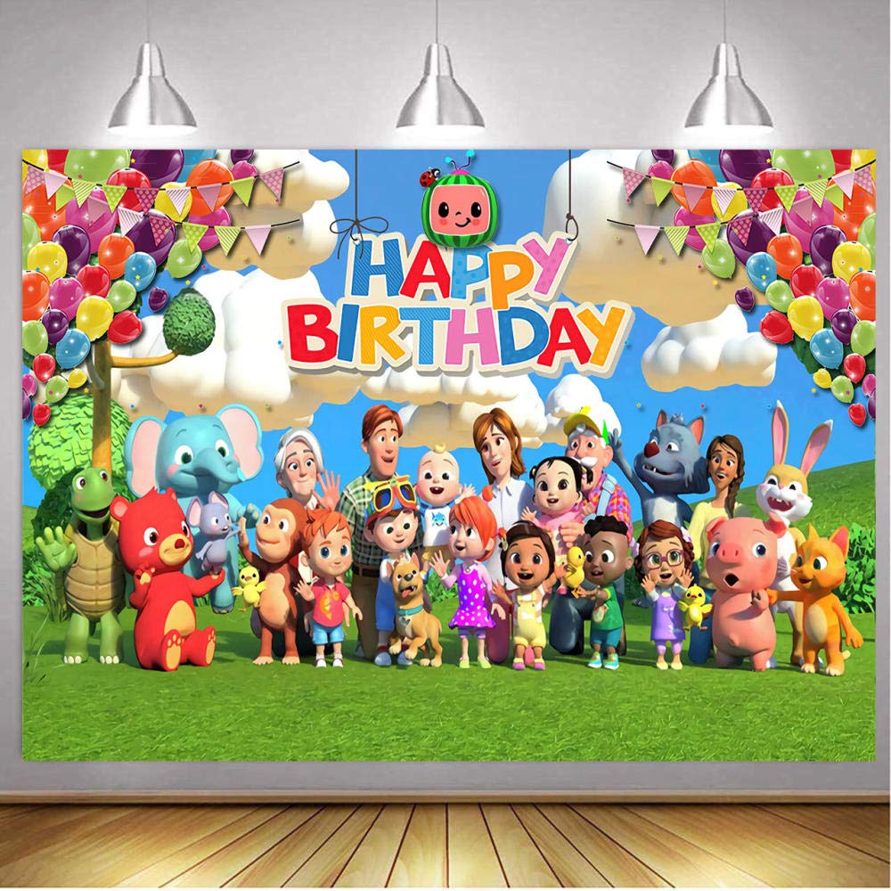 Childrens Birthday Cartoons Backdrop Green Grassland Ribbon Balloon ...