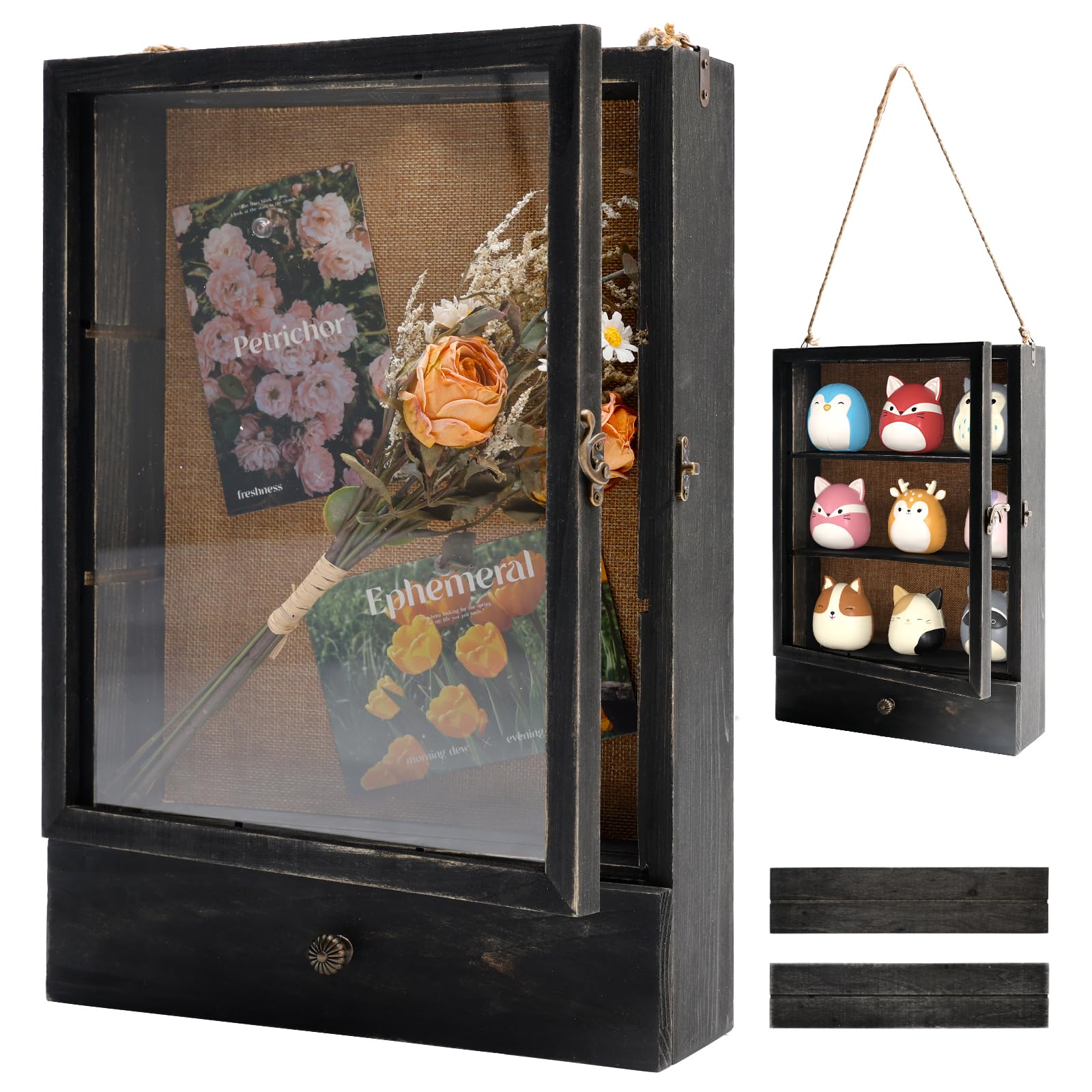 Large Shadow Box Frame 11x16, 3.5” Deep Shadow Box with Drawers and Removable Shelves, Black ...