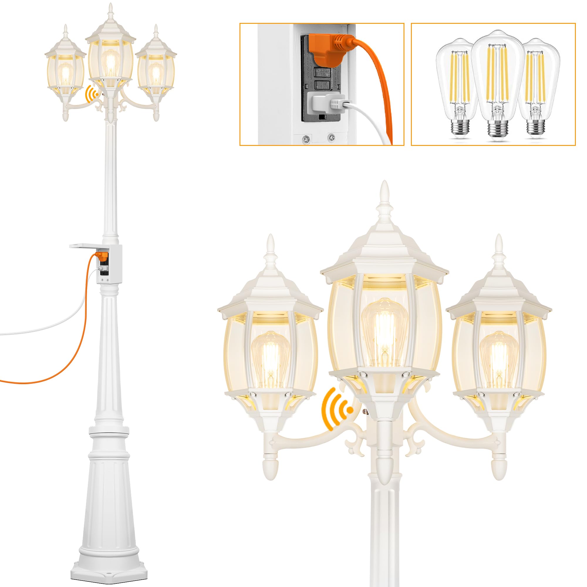 Dusk to Dawn Outdoor Lamp Post Light with GFCI Outlet, 3-Head Classic ...