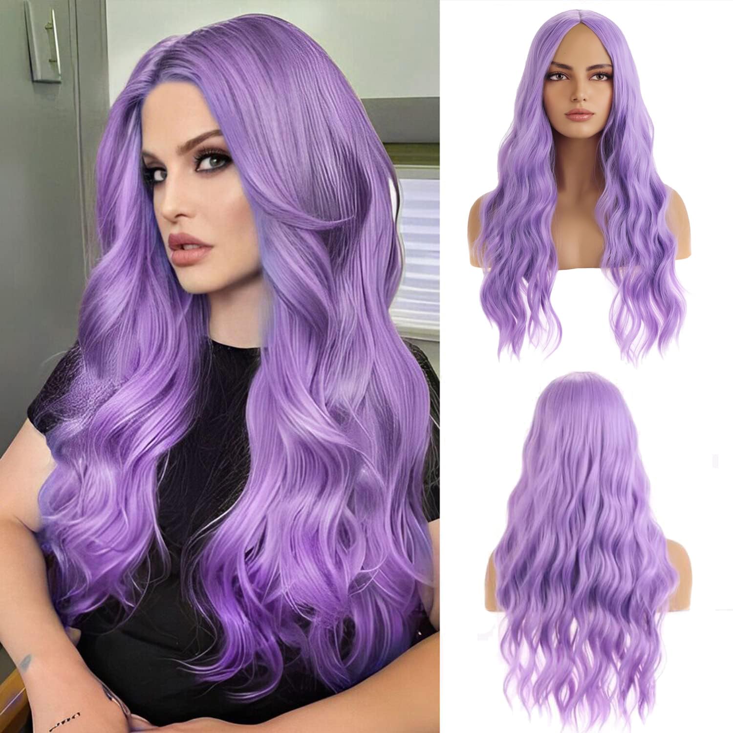 BERON Purple Wig Long Wavy Wigs for Women Lavender Purple Synthetic ...
