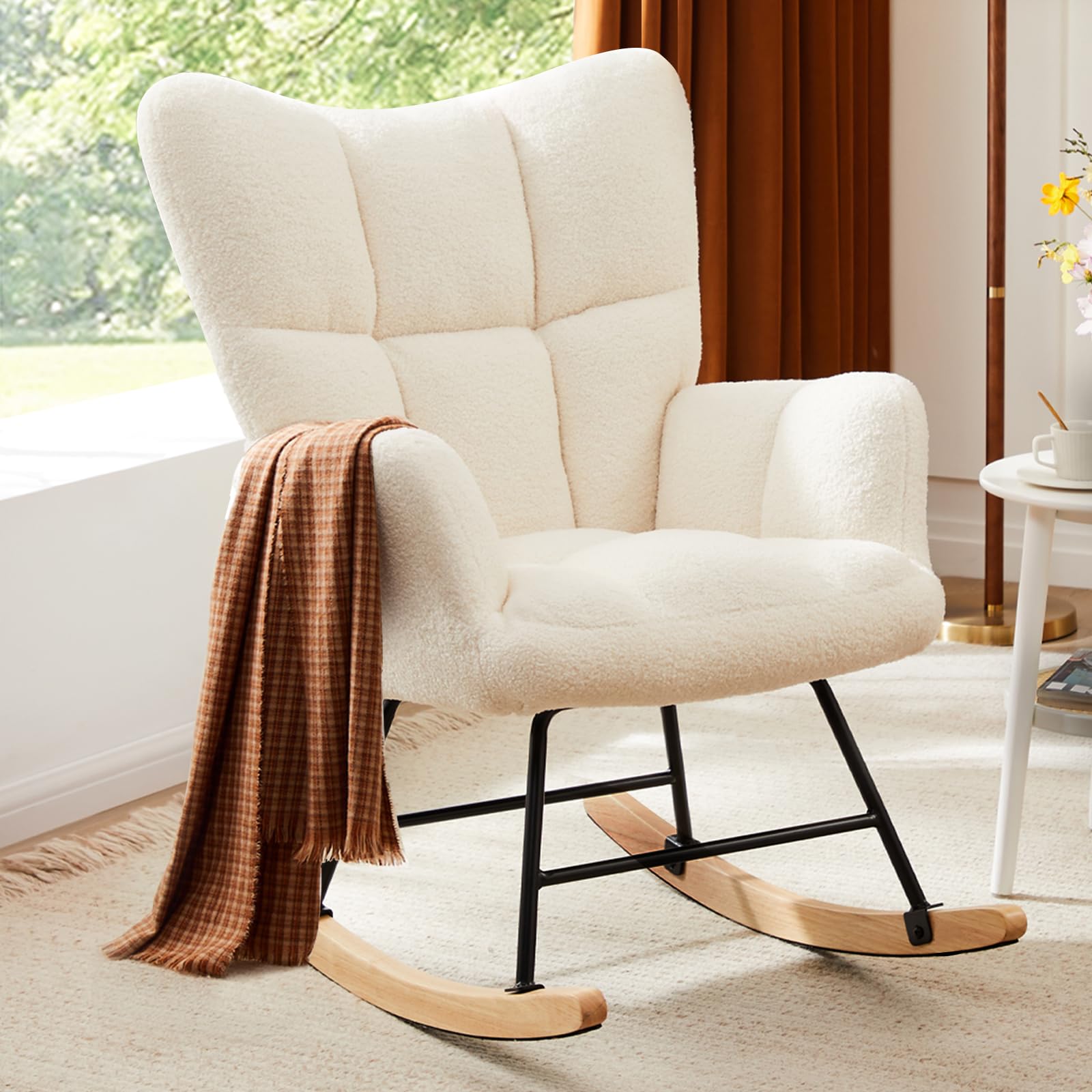 Sweetcrispy Rocking Chair Nursery, Teddy Upholstered Glider Rocker with ...