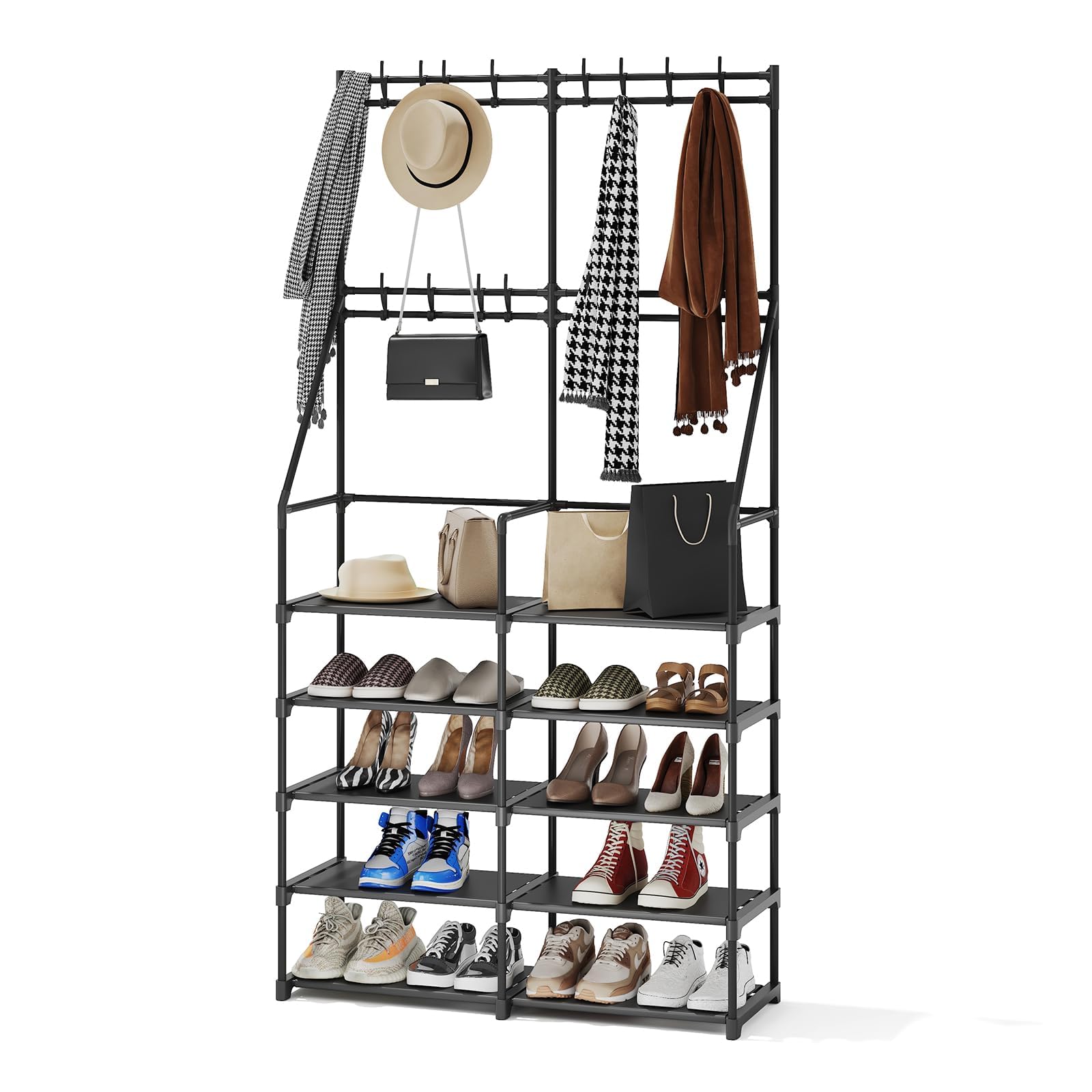iabifo 3-in-1 Double Row Coat Rack Freestanding with Shoe Storage ...