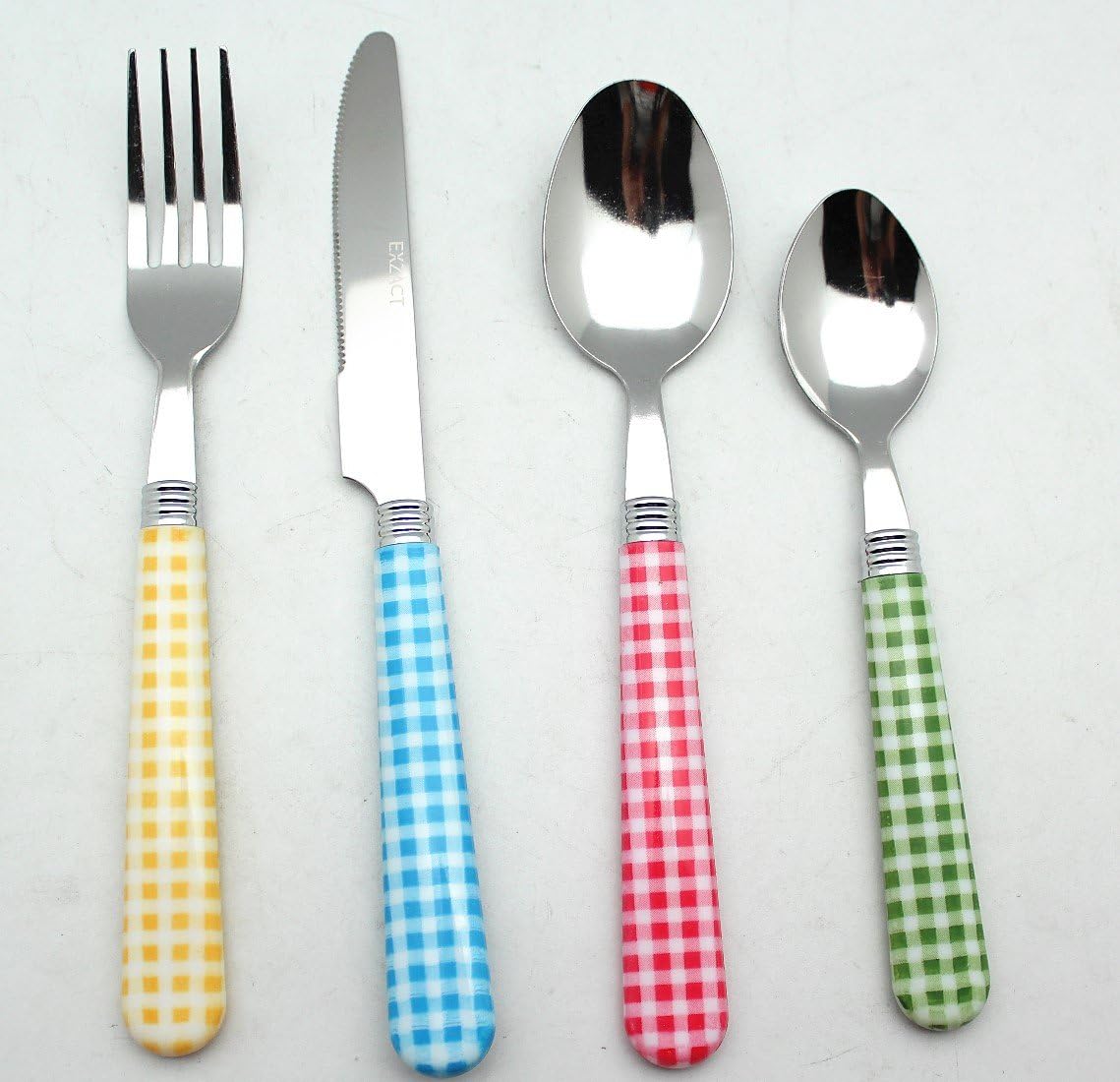 EXZACT Cutlery Set 24pcs Stainless Steel with Gingham Check Coloured ...