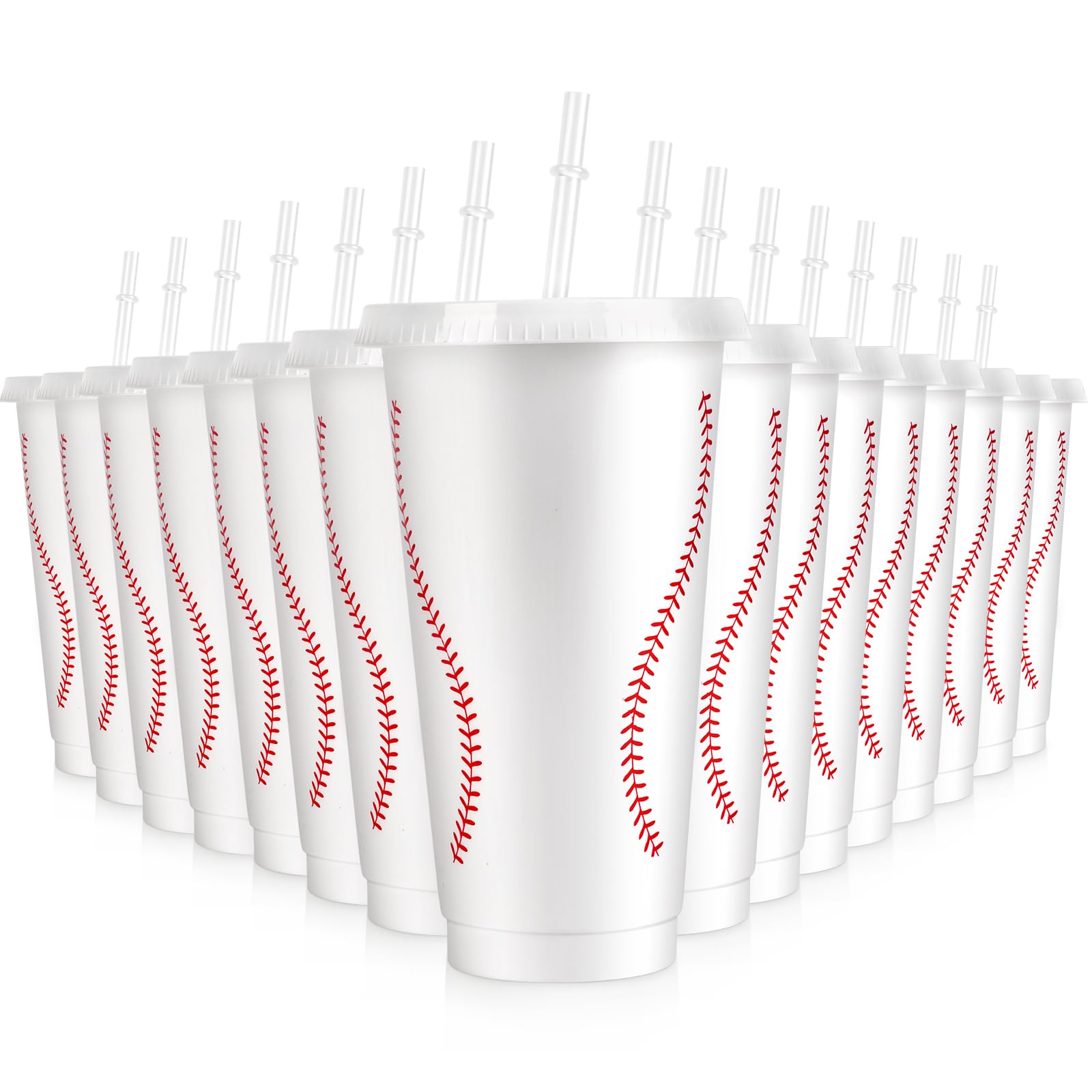 Hooqict 16 Pack Reusable Plastic Cups with Lids and Straws Baseball ...