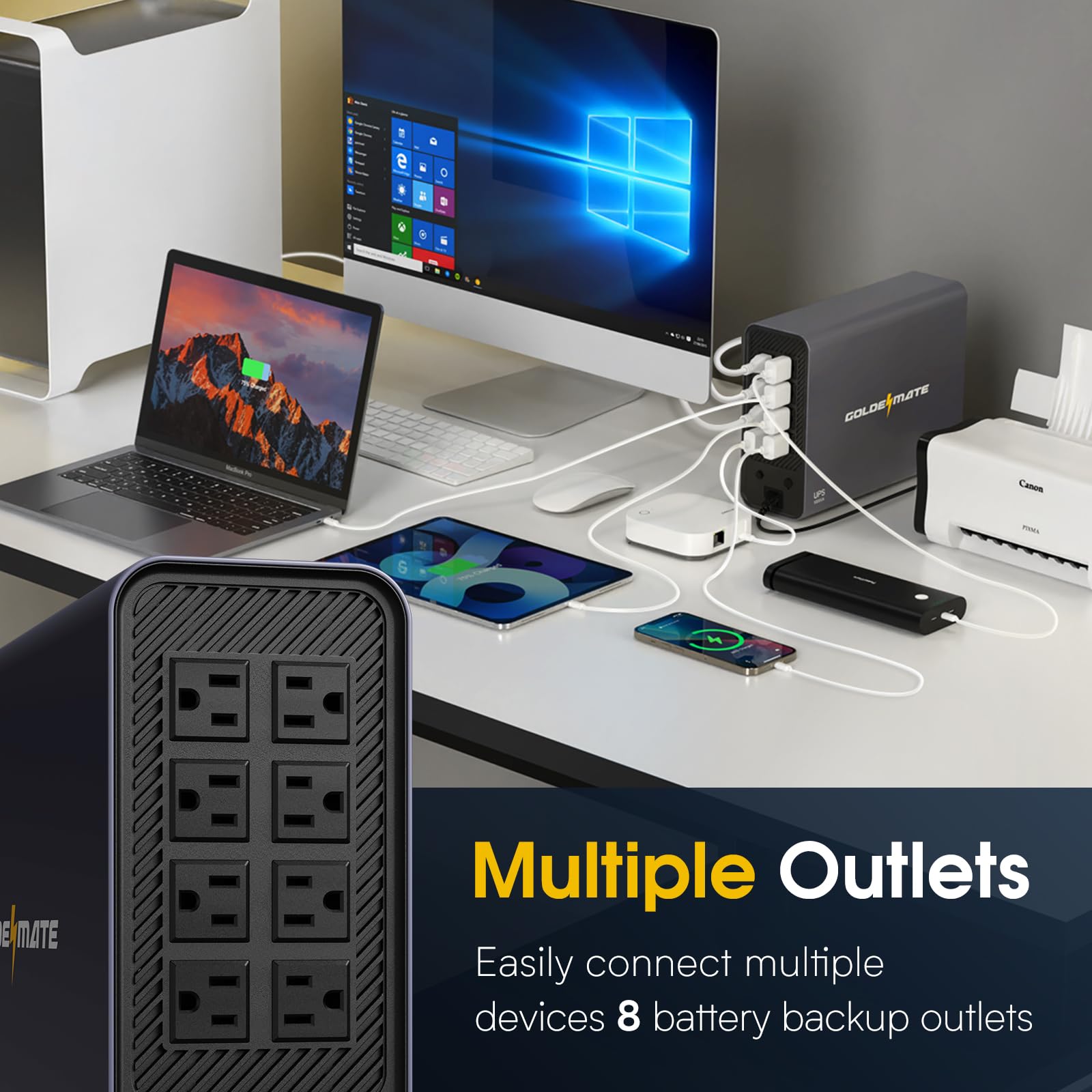 GOLDENMATE 1000VA/600W Lithium UPS Battery Backup And Surge Protector ...