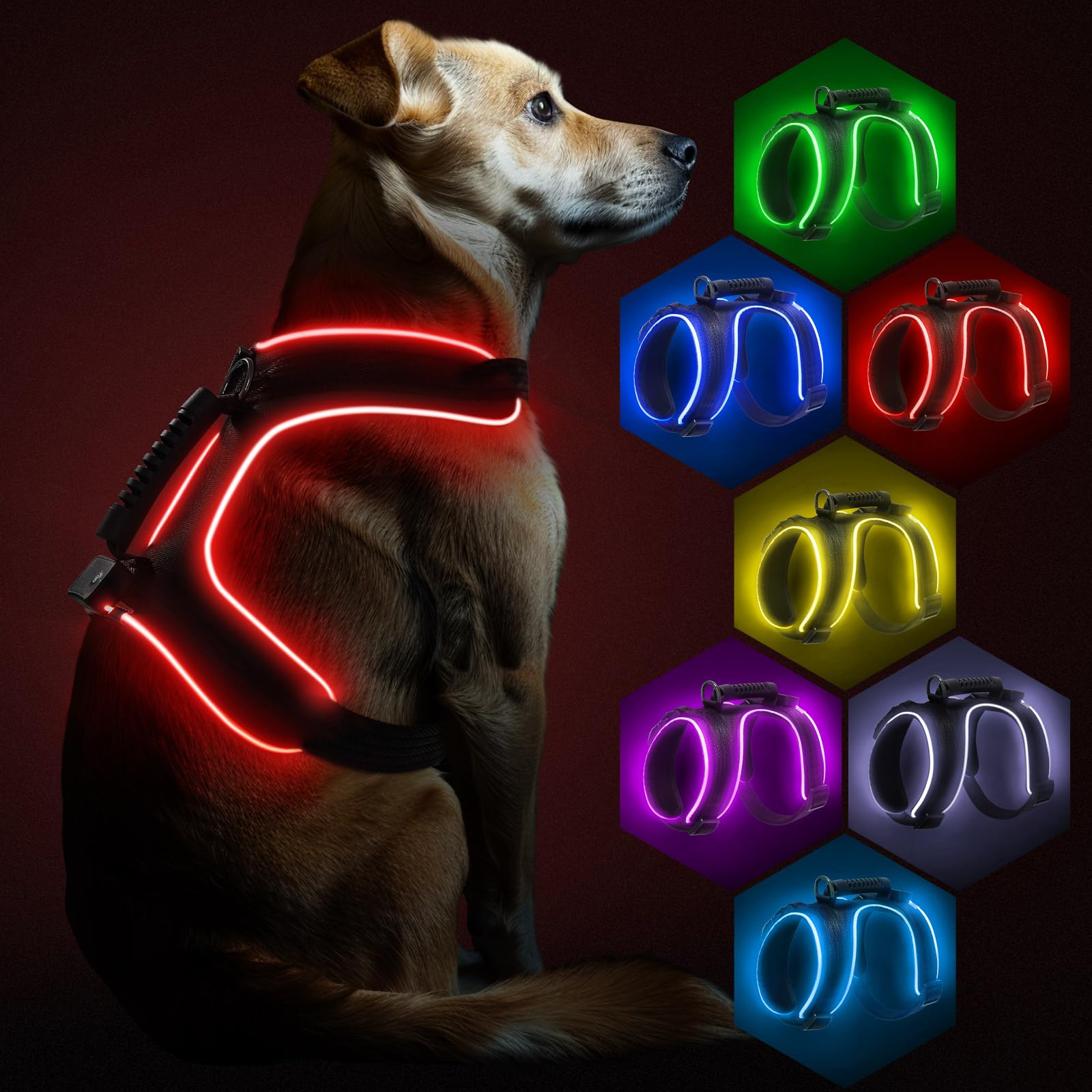 Dog Harness, 7 Color Changing LED Dog Harness, Rechargeable Rainproof ...