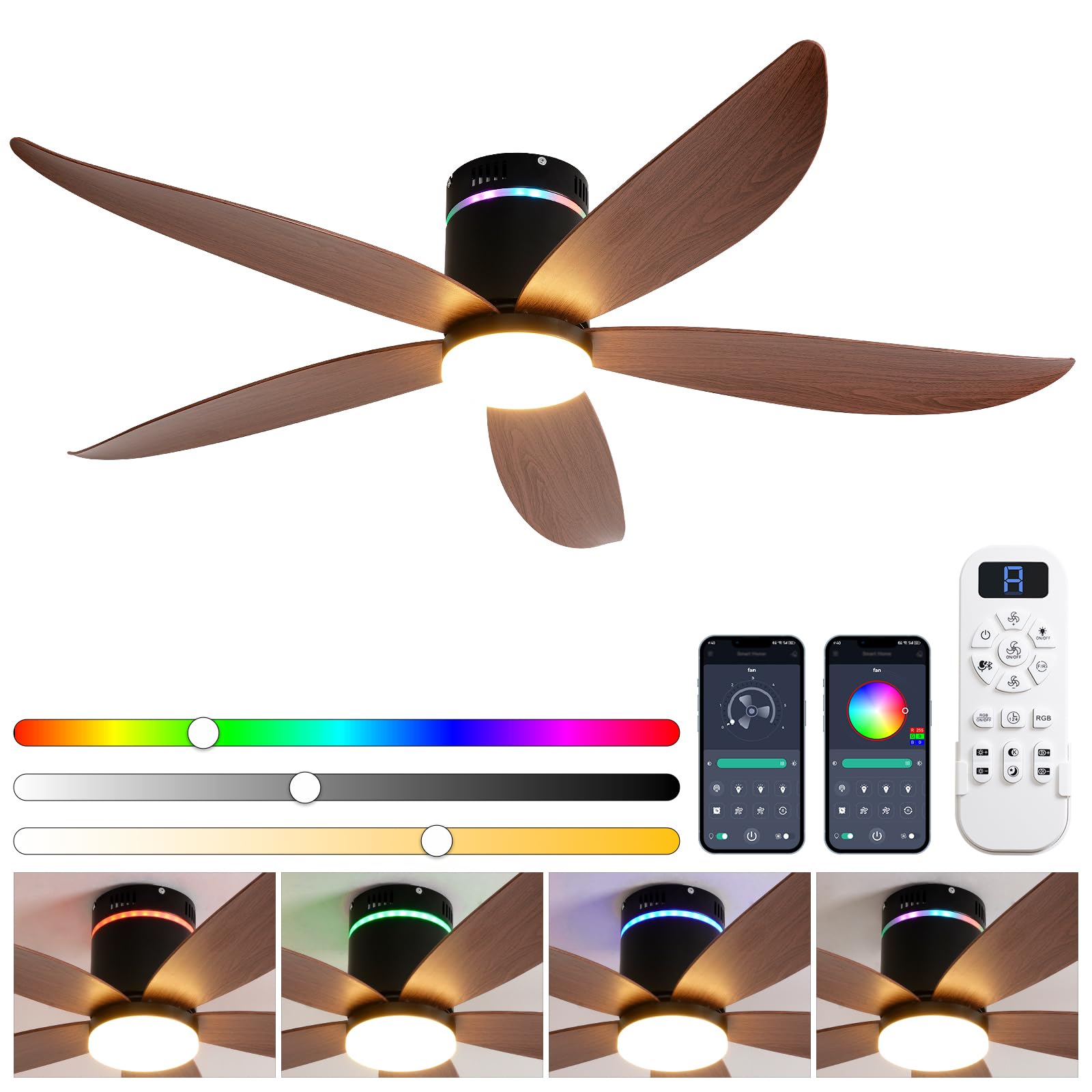 Carrefour 52" Black Ceiling Fan with Lights,Flush Mount Ceiling Fans ...