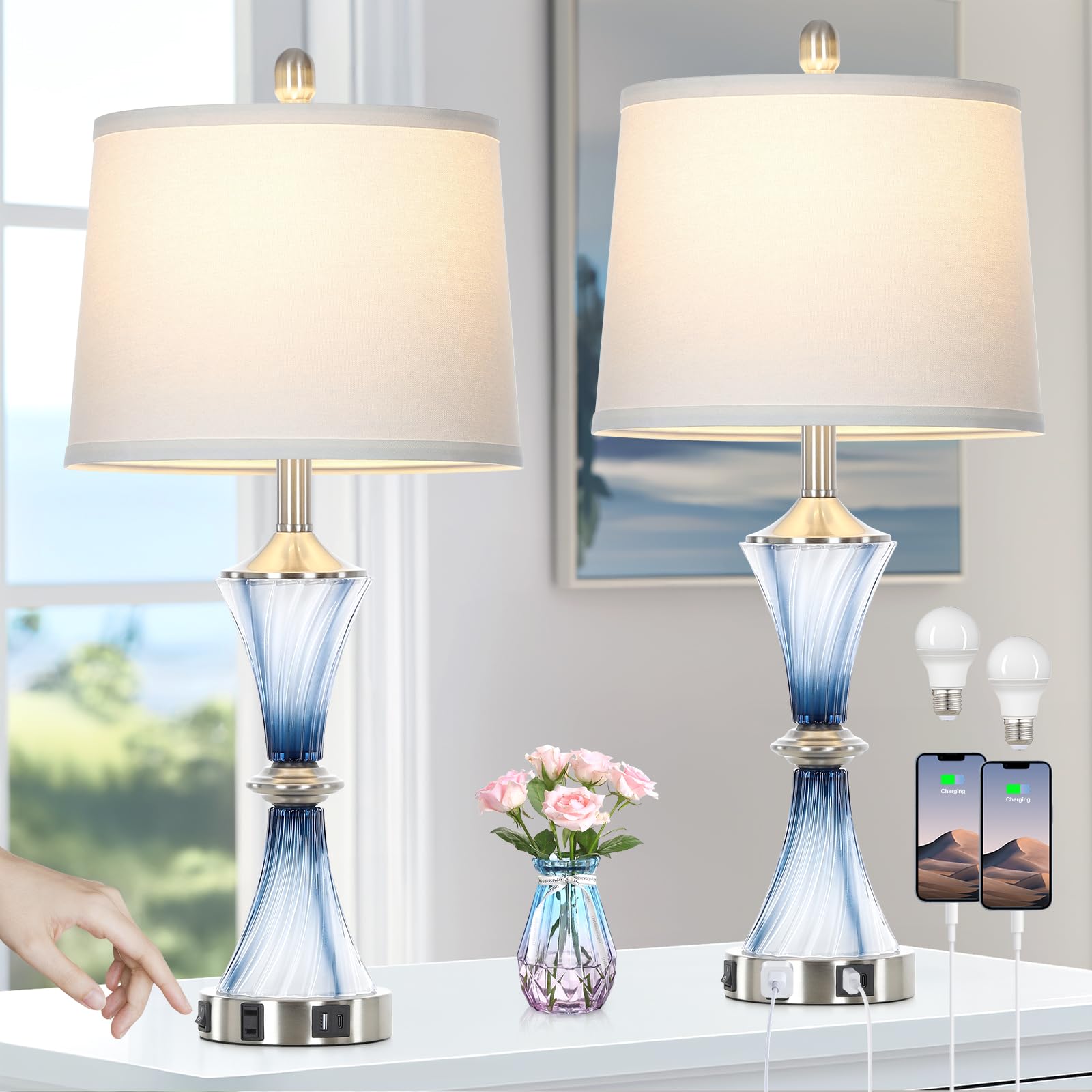 Rinweey Blue Glass Table Lamp Set of 2 with USB C+A Ports & AC Outlet ...