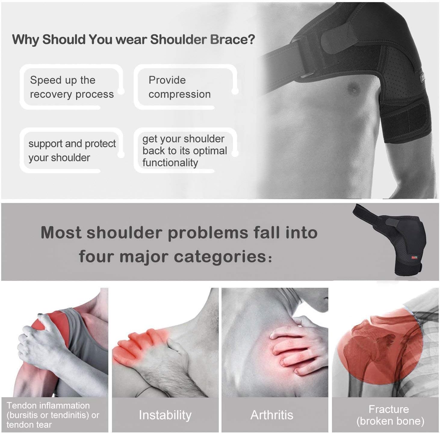 Vitoki Adjustable Shoulder Brace, Rotator Cuff Support for Injury ...