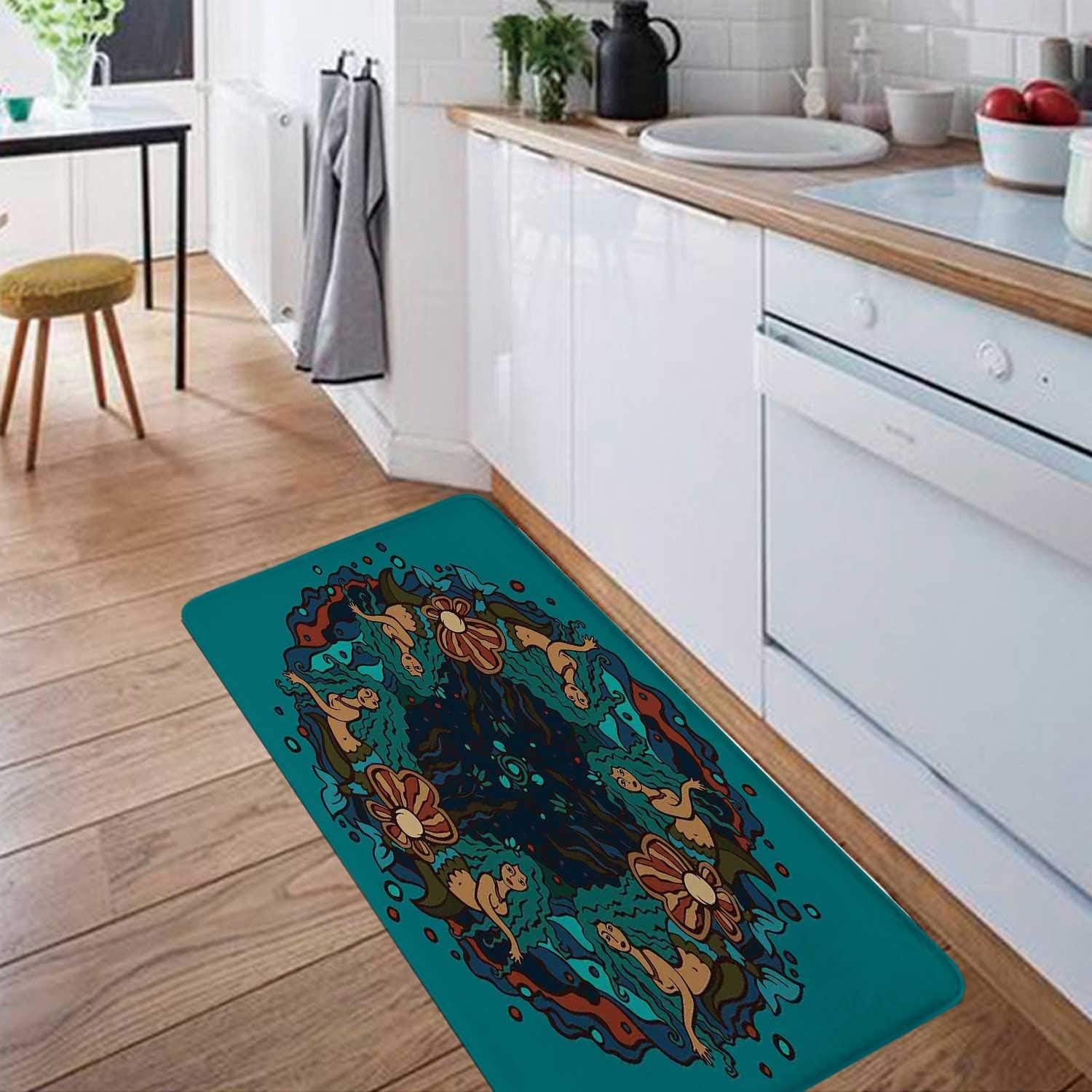 Amazon.com: Mermaid, Rug White Rug Marine Theme Circle of Mermaids ...