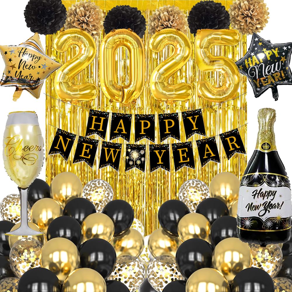 New Years Eve Decoration 2025, Black Gold 2025 New Year Decoration Set ...