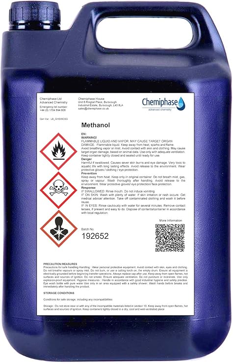 Chemiphase Methanol - 99.85% Purity - Virgin Grade 5 Litres: Amazon.co ...