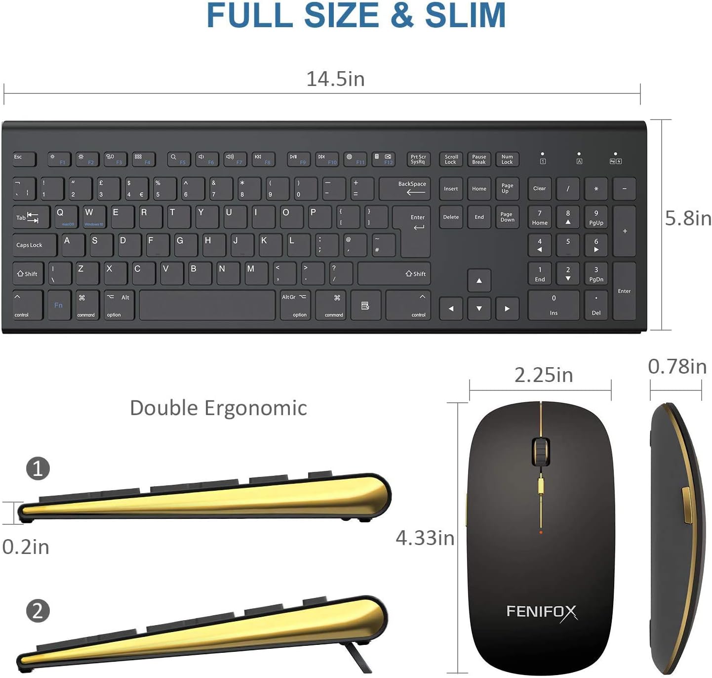 FENIFOX Wireless Keyboard and Mouse Set,2.4G USB QWERTY UK Dual System ...
