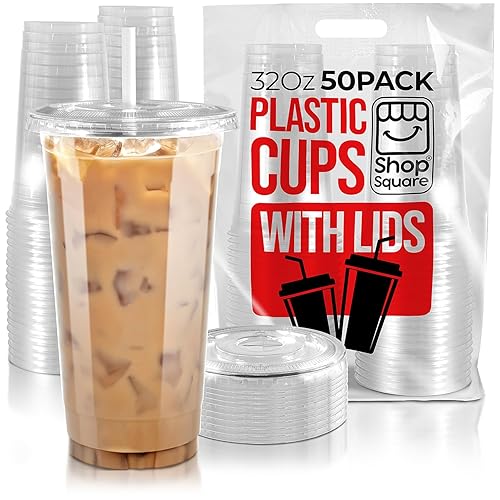 32 oz Plastic Cups with Lids (50 Pack) - Disposable Clear Cups for Iced ...