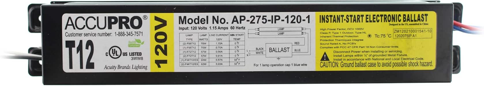 Accupro AP-275-IP-120-1 Electronic Fluorescent Ballast, 2-Lamp, T12 ...
