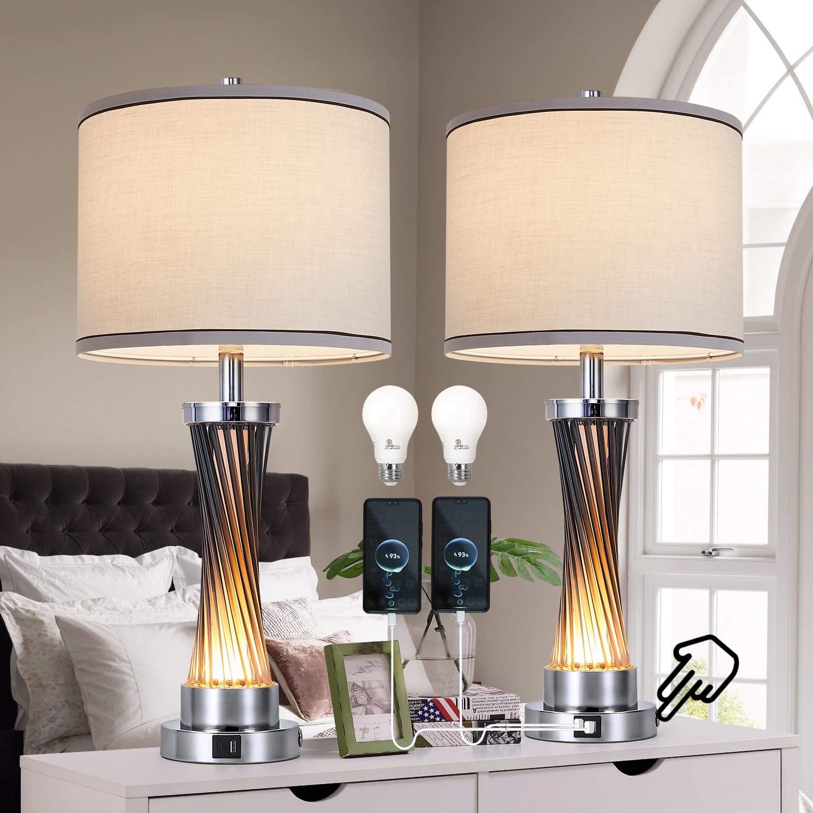 3-Way Dimmable Table Lamp Set of 2,Touch Control Lamp with Night Light ...