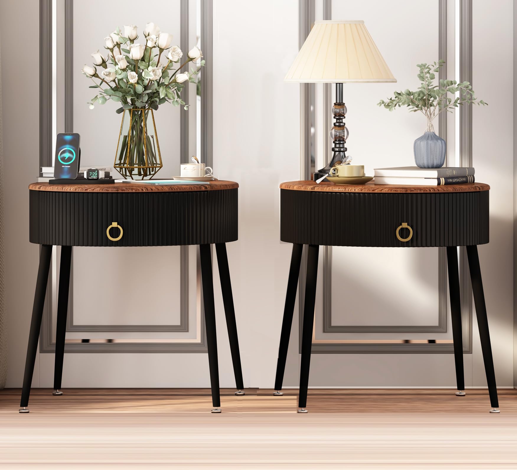 OIOG Side Tables Set of 2, Round Nightstand with Drawer, Modern Bedside ...
