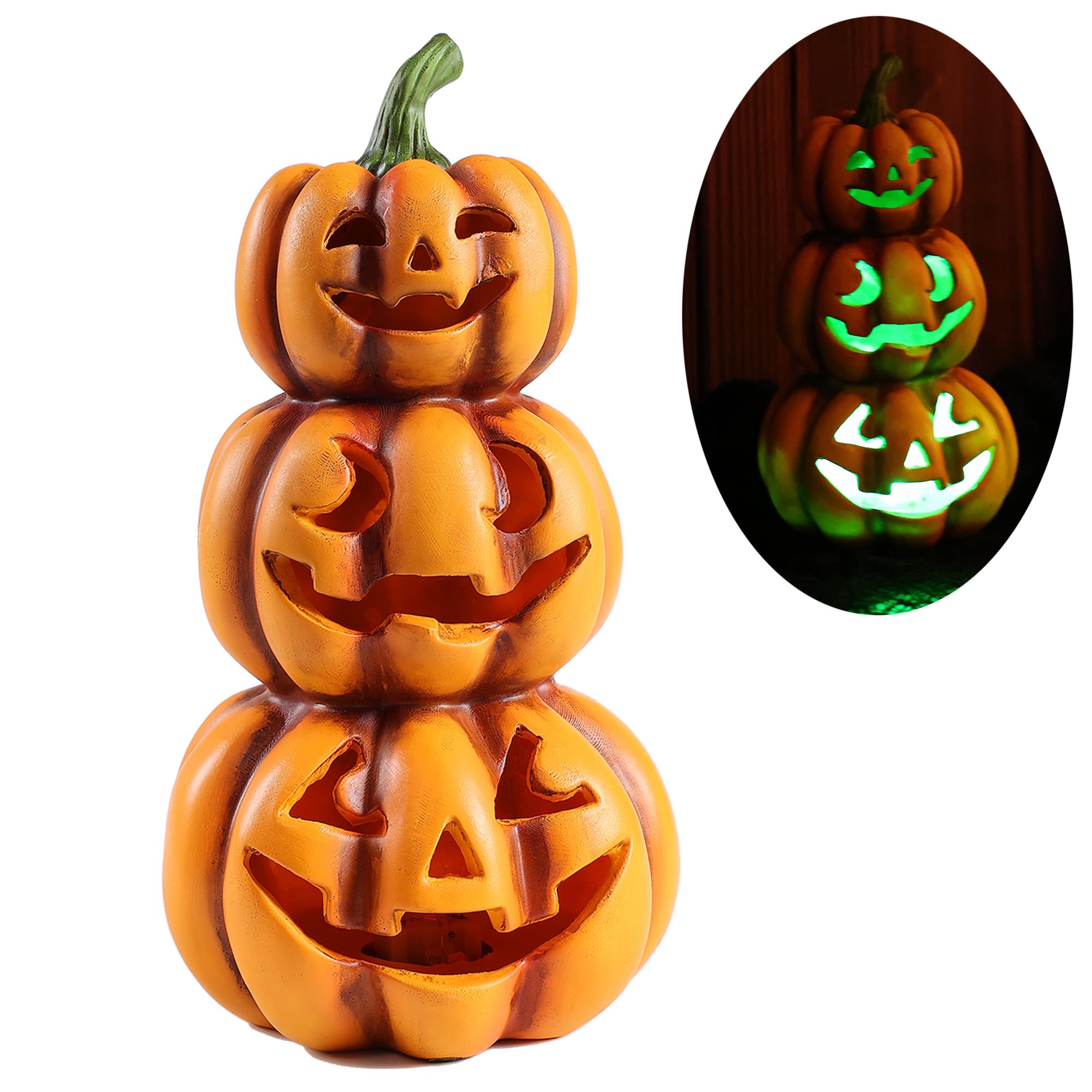 Jusdreen Halloween Jack-O-Lantern Pumpkin with Lighted, Stacked Pumpkin ...