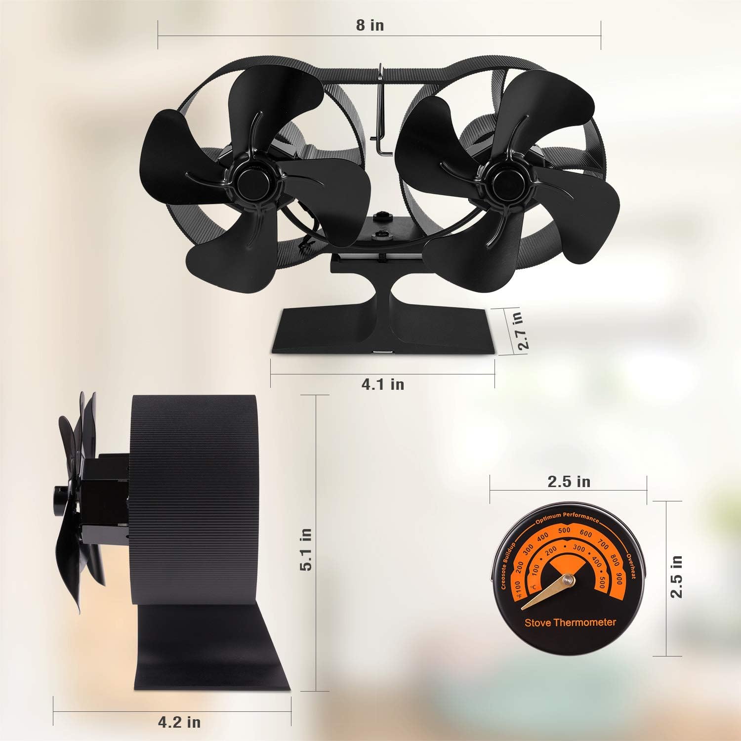 Stove Fan, PYBBO 8-Blades Twin Motor Double Heat Powered Fireplace Fan ...