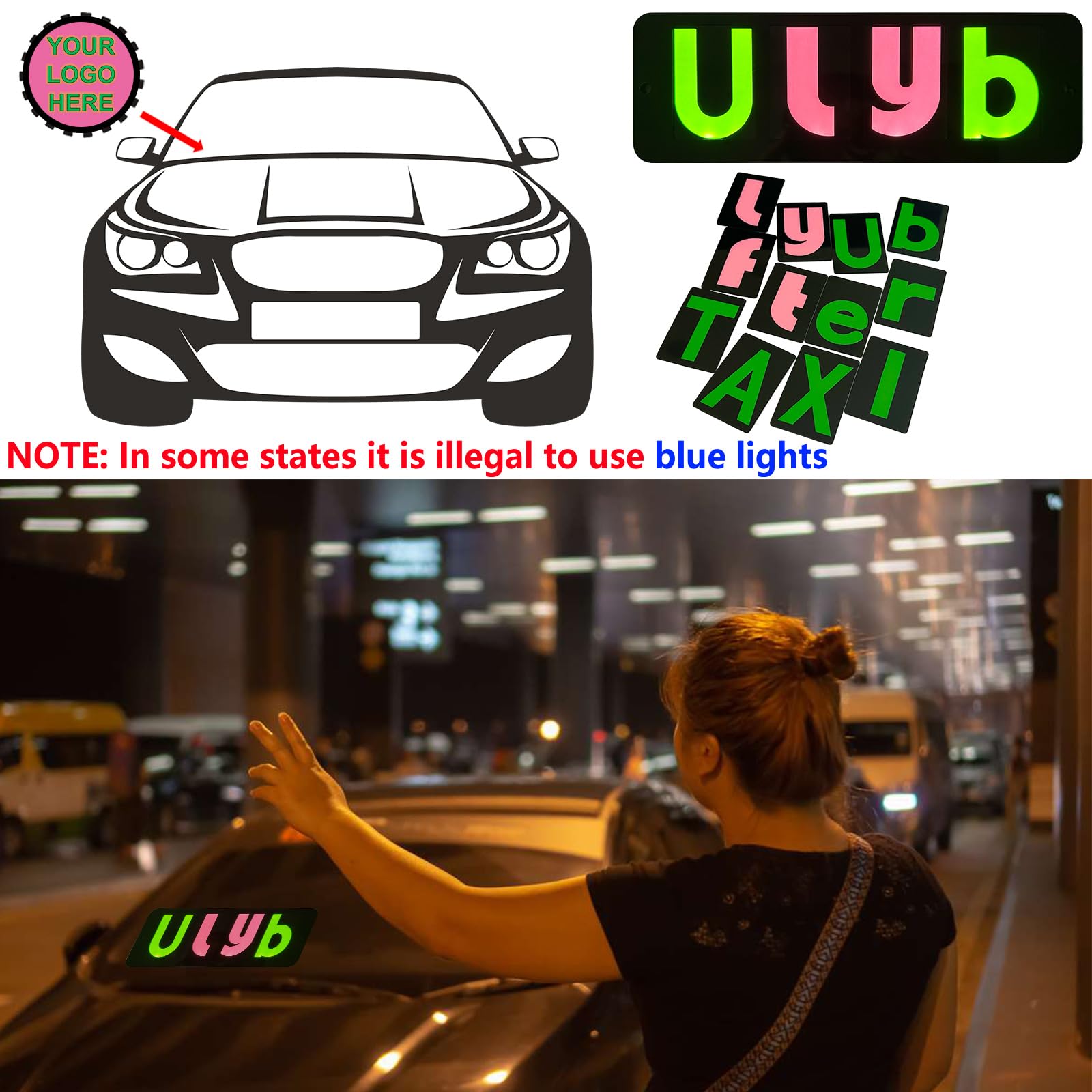 Light Sign For Car, Glow Letters Cards For Rideshare Drivers, With USB ...