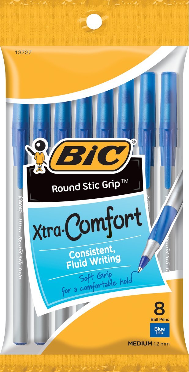 BIC Round Stic Grip Xtra Comfort Ball Pen, Medium Point (1.2mm), Blue, 8-Count: Amazon.co.uk ...