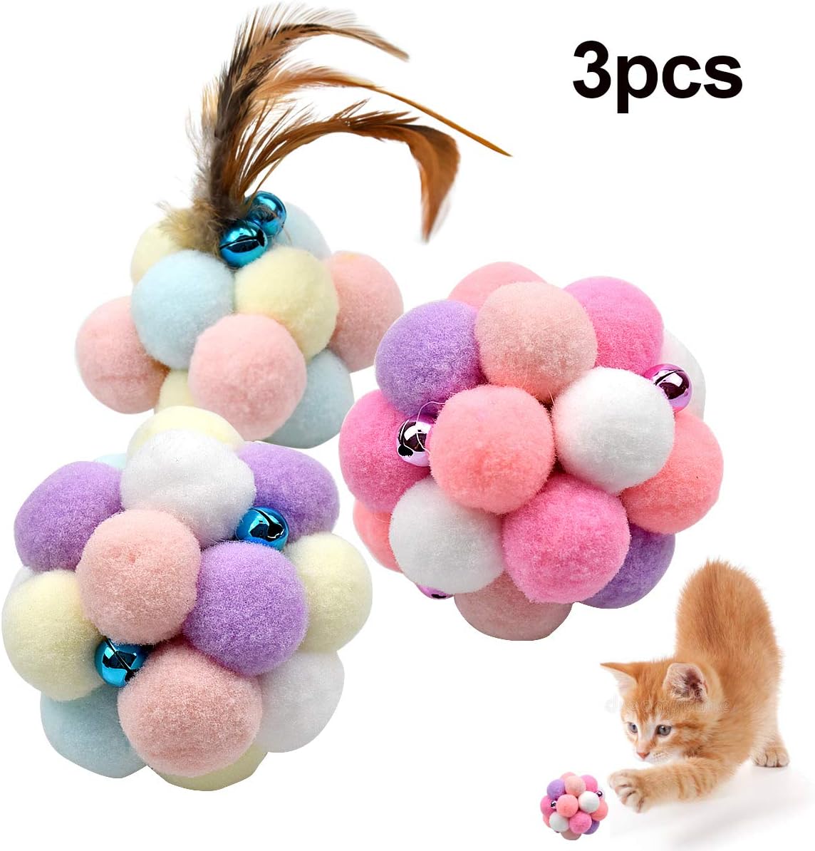 Natuce 3PCS 8.5CM Chat Balles Colorées avec Cloche, Plume Balle ...