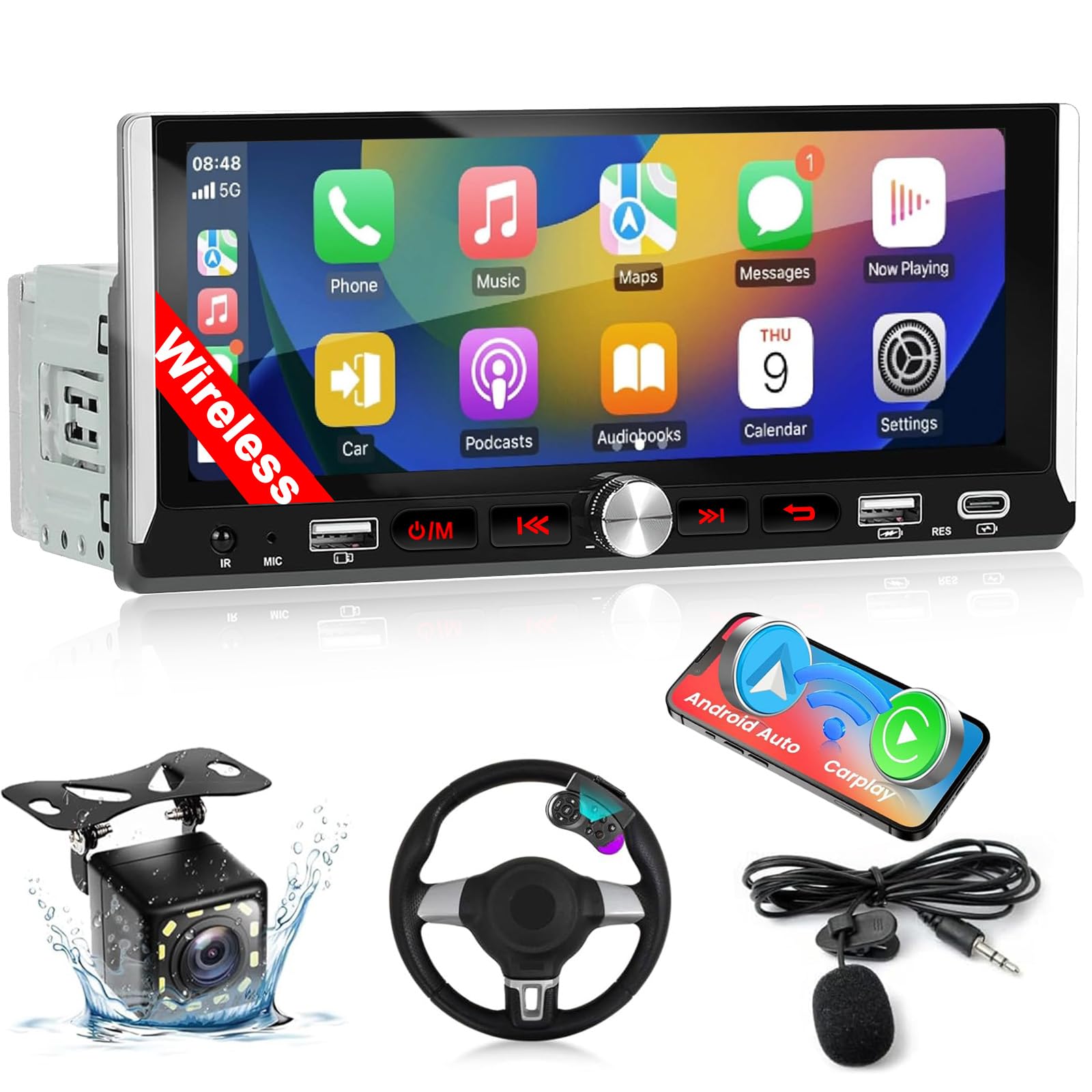 Single Din Car Stereo with Wireless Apple Carplay Android Auto, Car ...