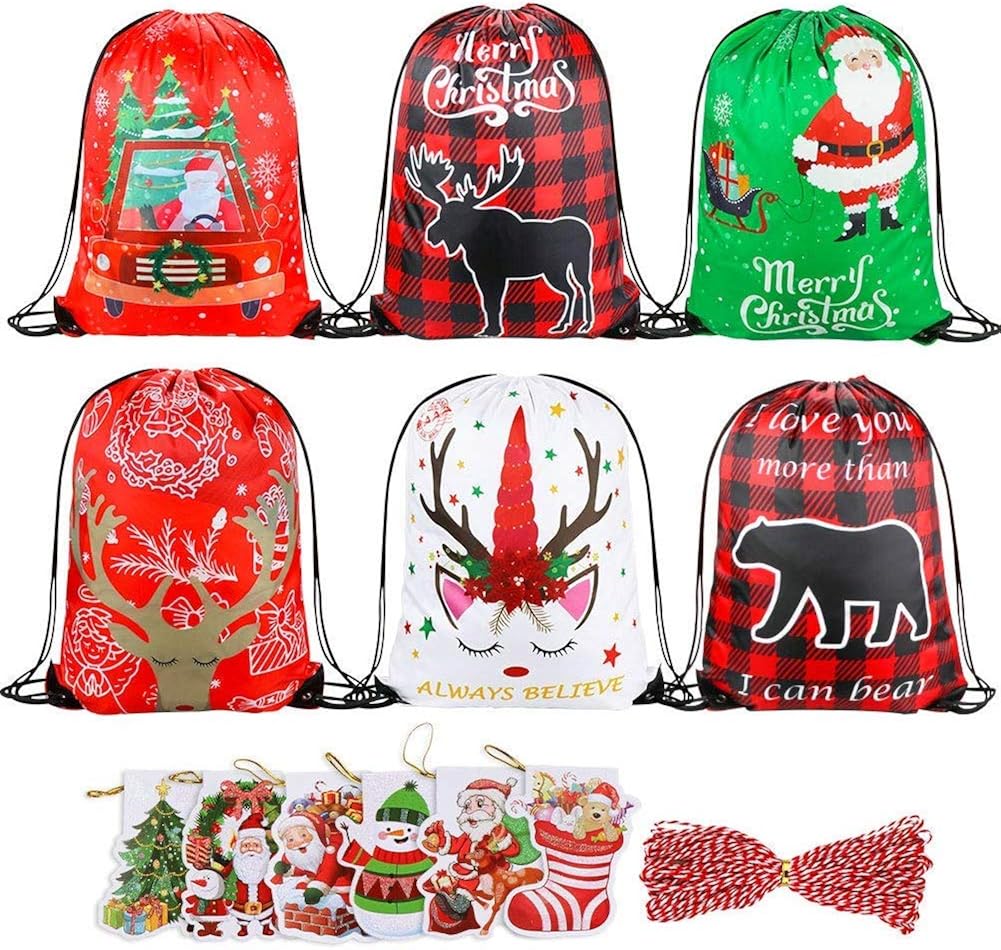Amazon.com: 6 Pack Large Size Christmas Drawstring Gift Bags, Christmas ...