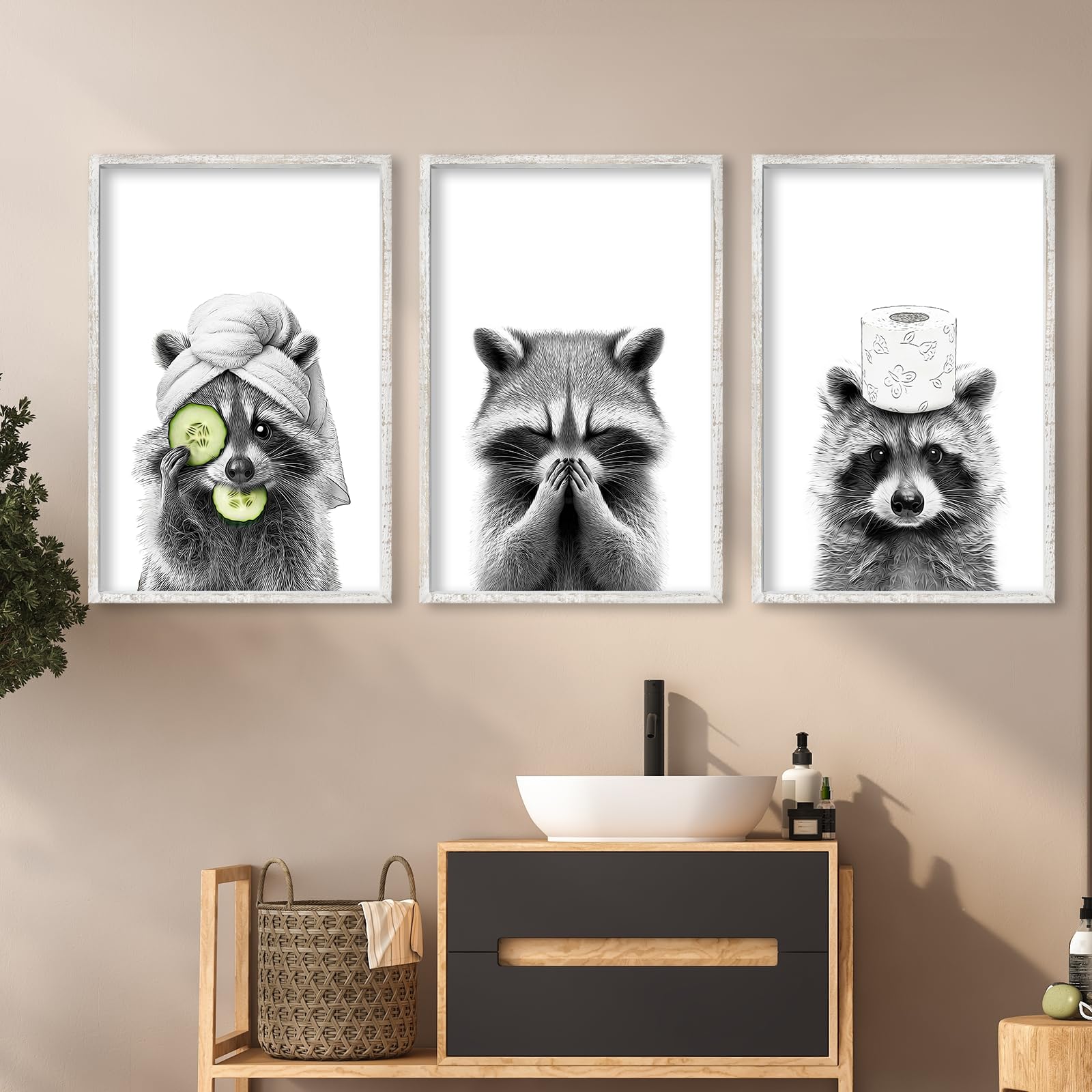Funny Bathroom Adorable Raccoon Wall Art Decor 16x11 Inch Set Of 3 ...