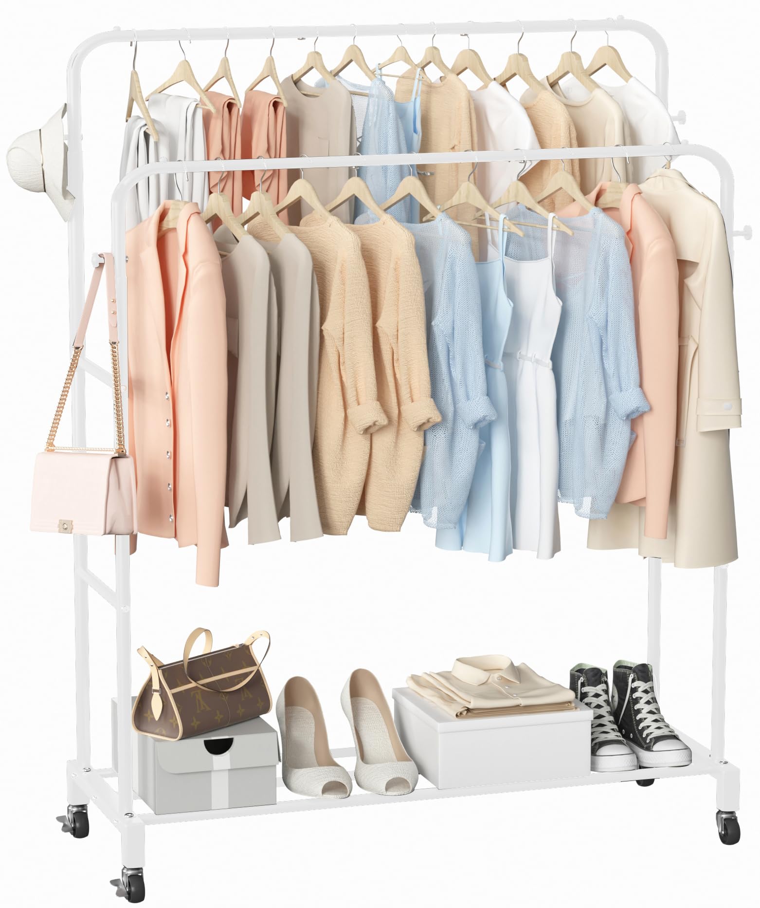 Sooyee Double Rod Clothing Rack with Wheels,3 Tier Garment Racks for ...
