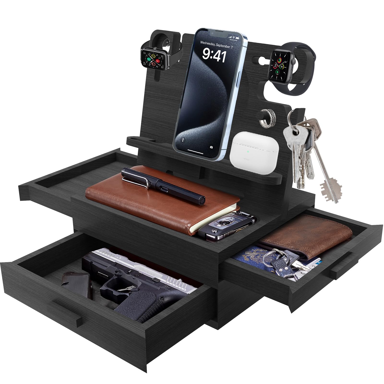 MD MADOATS Wood Nightstand Organizer with Drawers & Tray & Tablet Keys ...