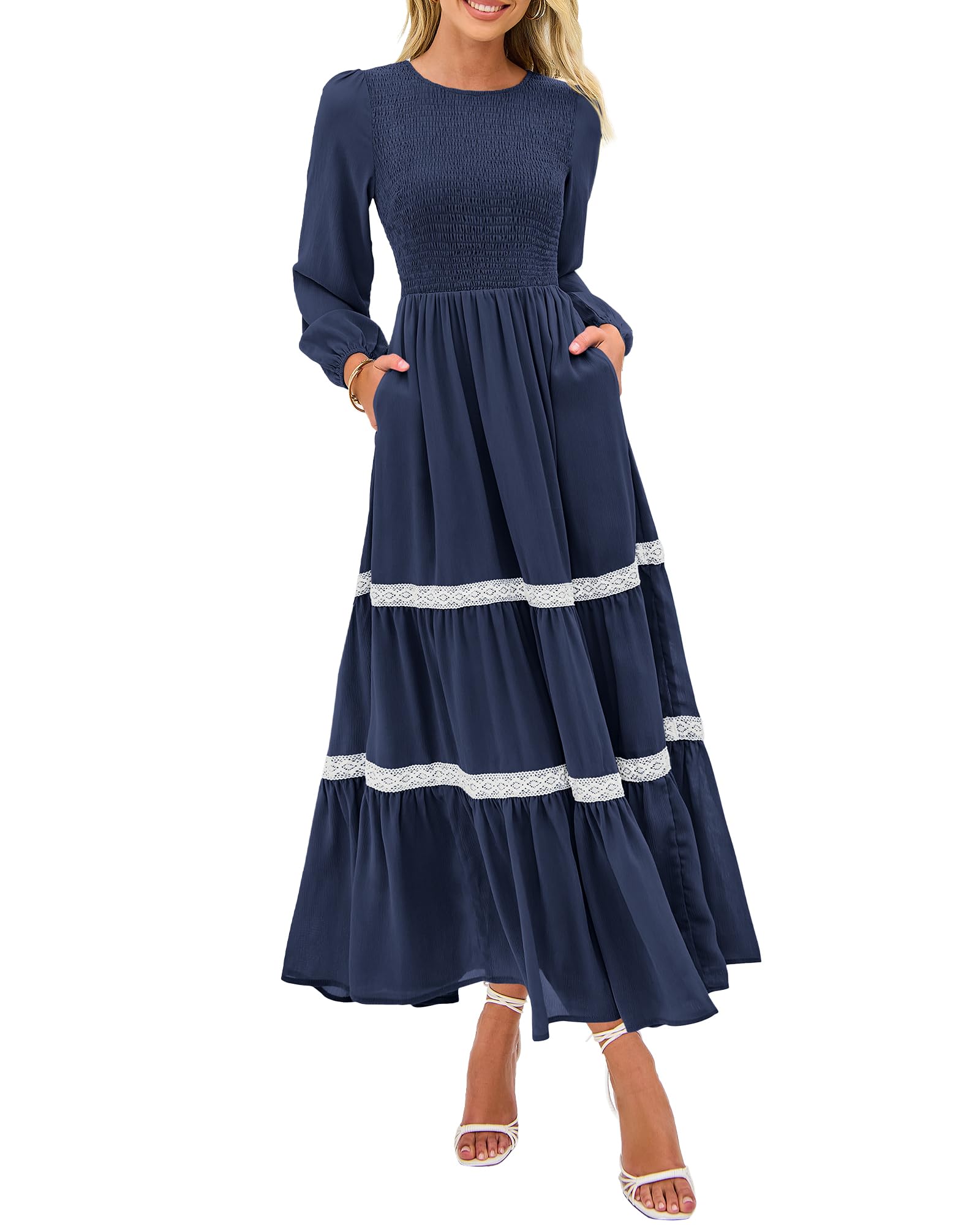 KIRUNDO Womens Smocked Long Sleeve Maxi Dress Wedding Guest Spring Fall ...