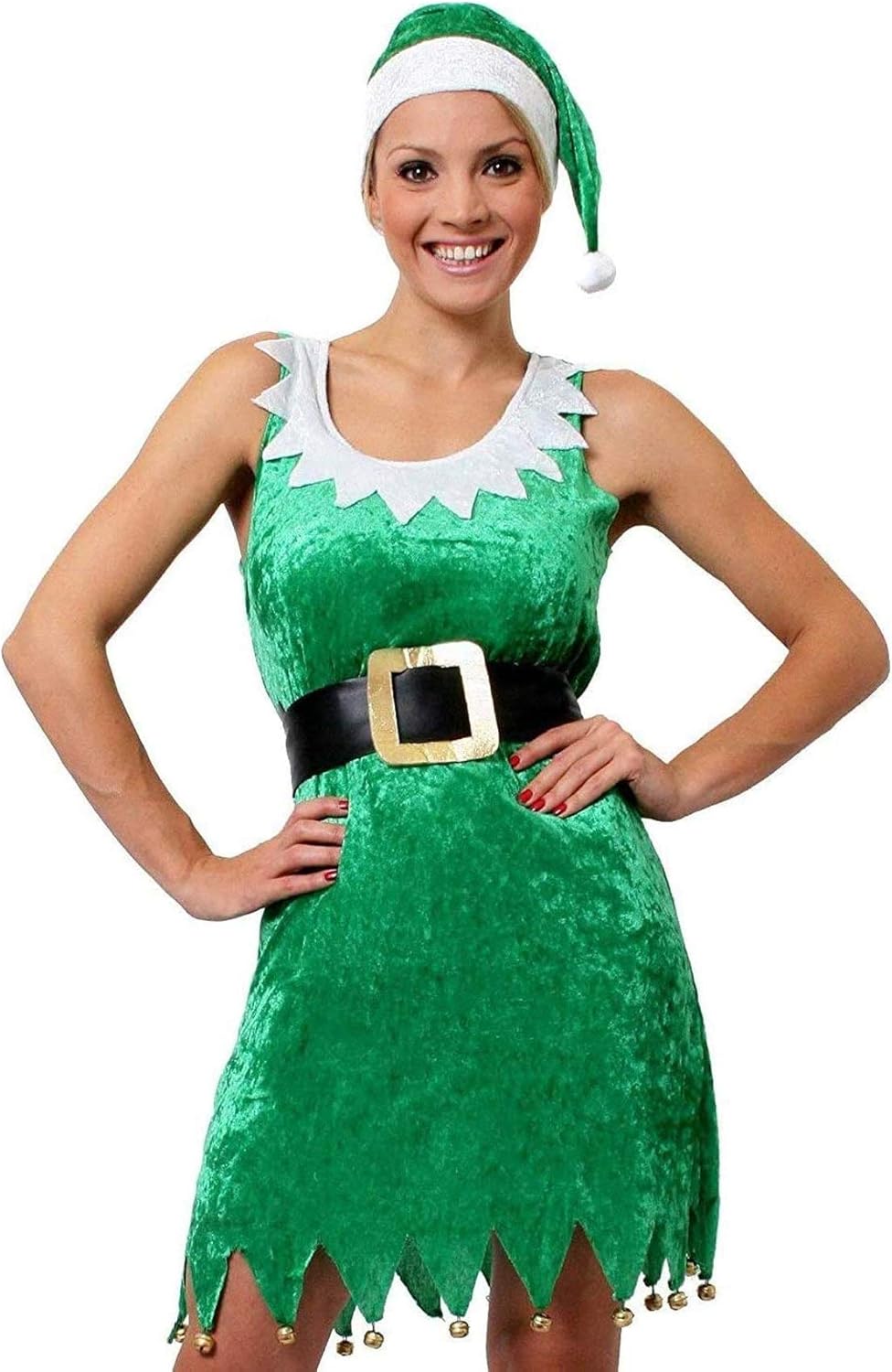 LADIES ELF DRESS FANCY DRESS COSTUME - GREEN VELOUR DRESS + GREEN ...
